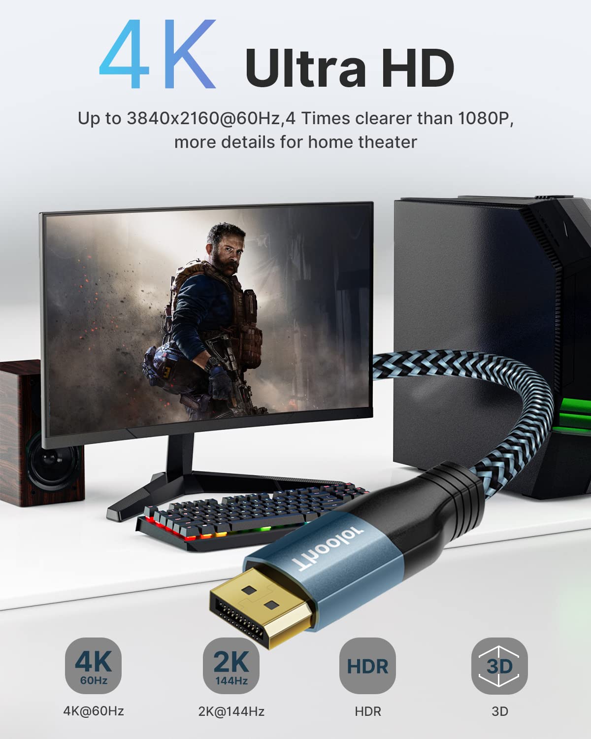 Thoolor DisplayPort Cable 4K DP Cable 6FT High Speed Display Port Cable (4K@60Hz, 2K@165Hz/144Hz), Display Cable for Gaming Monitor, Graphics Card, TV, PC, Laptop and More