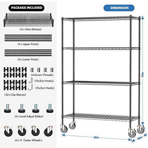 Leteuke Wire Shelving Unit with Wheels, NSF Certified 4 Tier Adjustable Storage Shelves 48"×18"×72", 2400LBS Heavy Duty Shelving Commercial Grade Metal Storage Utility Rack for Kitchen Garage, Black