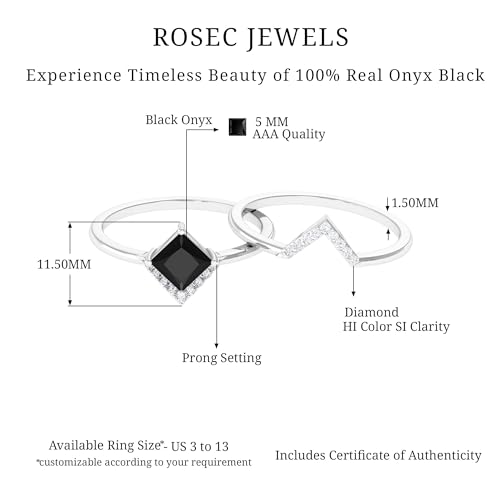 Princess Cut Black Onyx Ring with Diamond Enhancer Band, 5 MM, AAA Quality, Wedding Engagement Ring Set for Women, 14K White Gold, Size:US 6.00