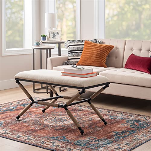 Linon Anna Campaign Accent Bench Black Metal Legs with Rope Detail in Cream