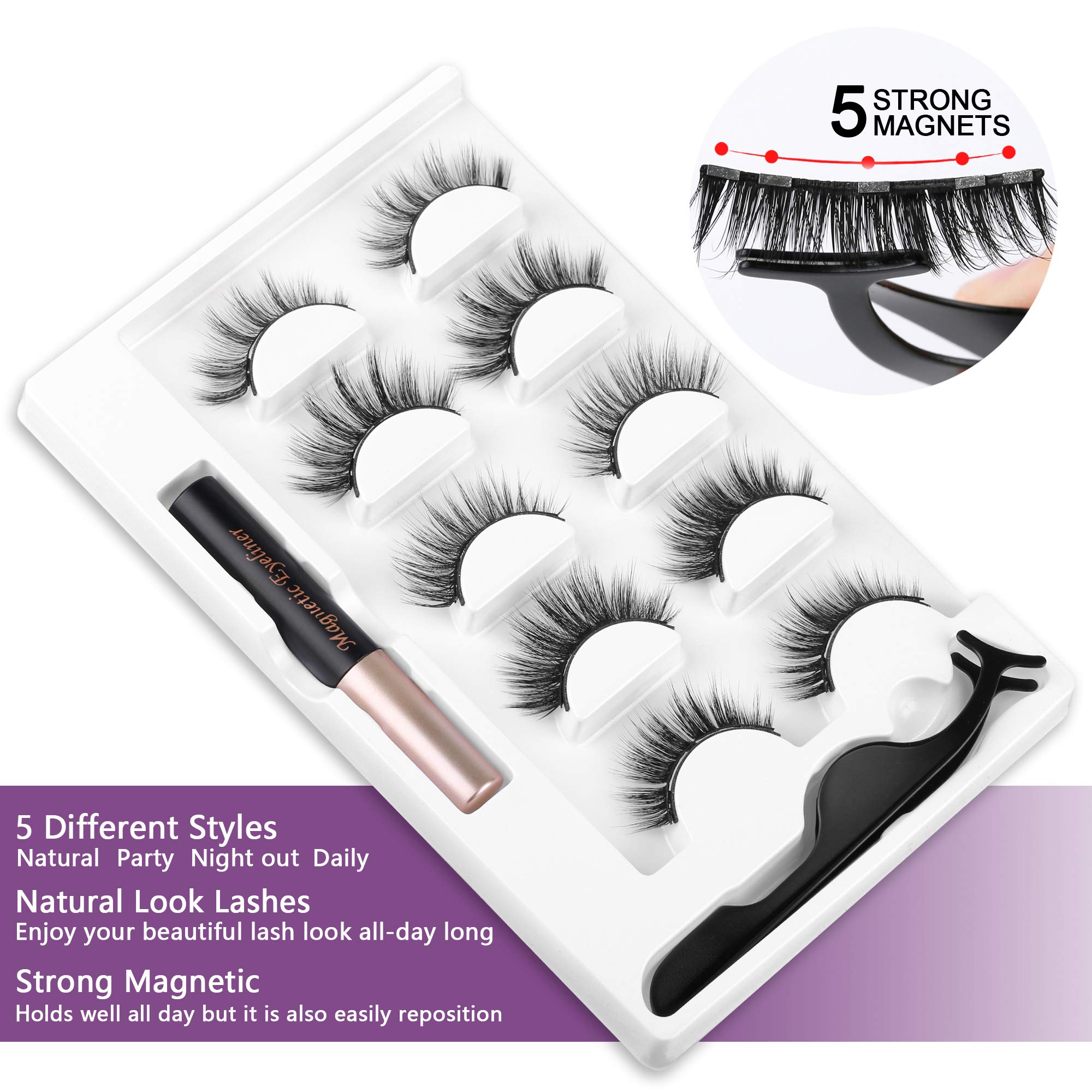 Magnetic Eyelashes and Magnetic Eyeliner kit, HazyMete 5 Pairs 3D False Lashes with Tweezers Reusable Magnetic Lashes Set, 5 Different Styles Magnetic Eyelashes, No Glue Needed