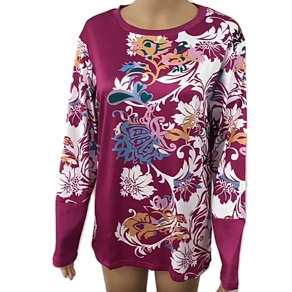 Mayntop Womens Tops Shirt Ethnic Boho Tribal Flower Floral Leaves Pattern Graphic Print Long Sleeve Plus Size Crew Neck Blouse(A Black,L)
