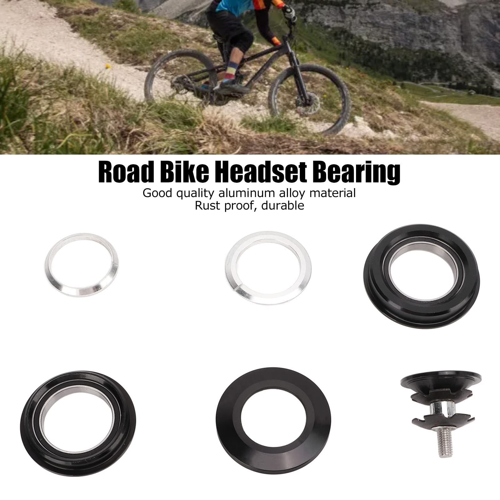 Raguso Road Bike Headset Bearing, Dustproof Anodized Coloring Unobstructed 44‑49.7mm Headset Bearing Bowl Group CNC Process Aluminum Alloy for Bicycle