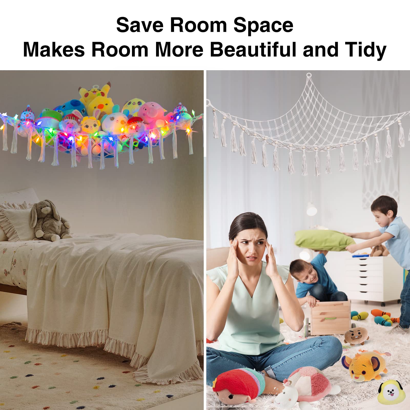 Stuffed Animal Net or Hammock with Led Light - Boho Stuffed Animal Storage Organizer, Plush Toy Hammock Net, Hanging Plushie Net, Toddler Hammock for Nursery Kids Room Decor