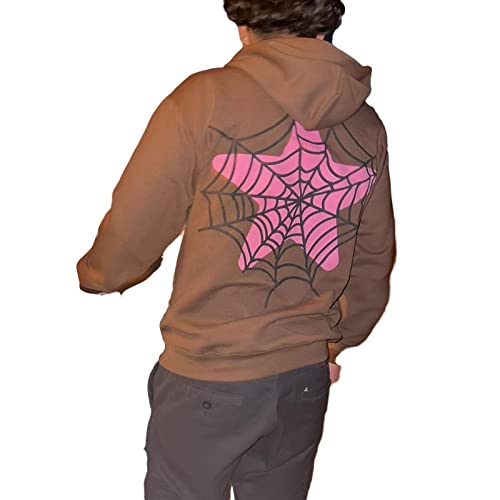 ZJLJAYCHOU Women's Men's Y2k Hoodie Spider Web Graphic Print Sweatshirt Gothic Oversized Jackets (Brown, XL)