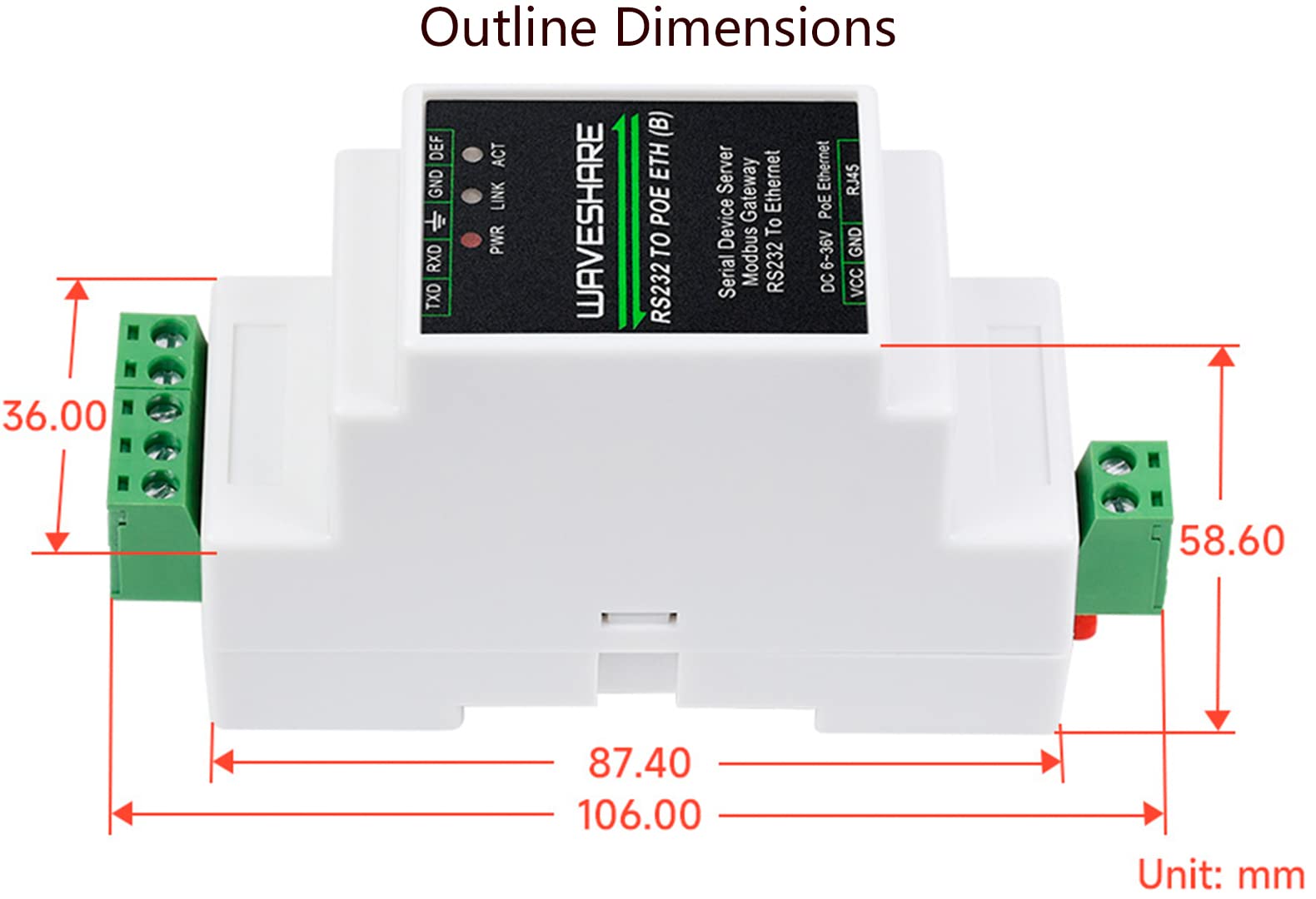 waveshare RS232 to POE RJ45 Ethernet Module, Industrial Rail-Mount RS232 Serial Server with POE Funtion, TCP/IP to Serial, Support Modbus Gateway, Bi-Directional Between RS232 and Ethernet