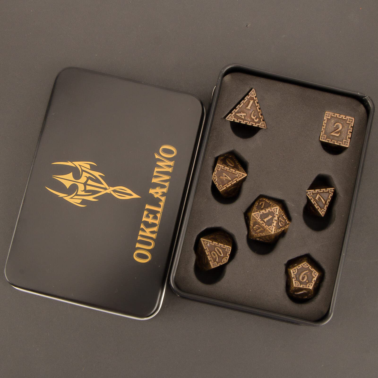 OUKELANWO Metal DND Ancient Bronze Dice Set D&D Dice, 7pcs Dungeons and Dragons Dice Set D20 D12 D10 D8 D6 D4, RPG Role Playing Dice with Gift Box for MTG Warhammer Pathfinder