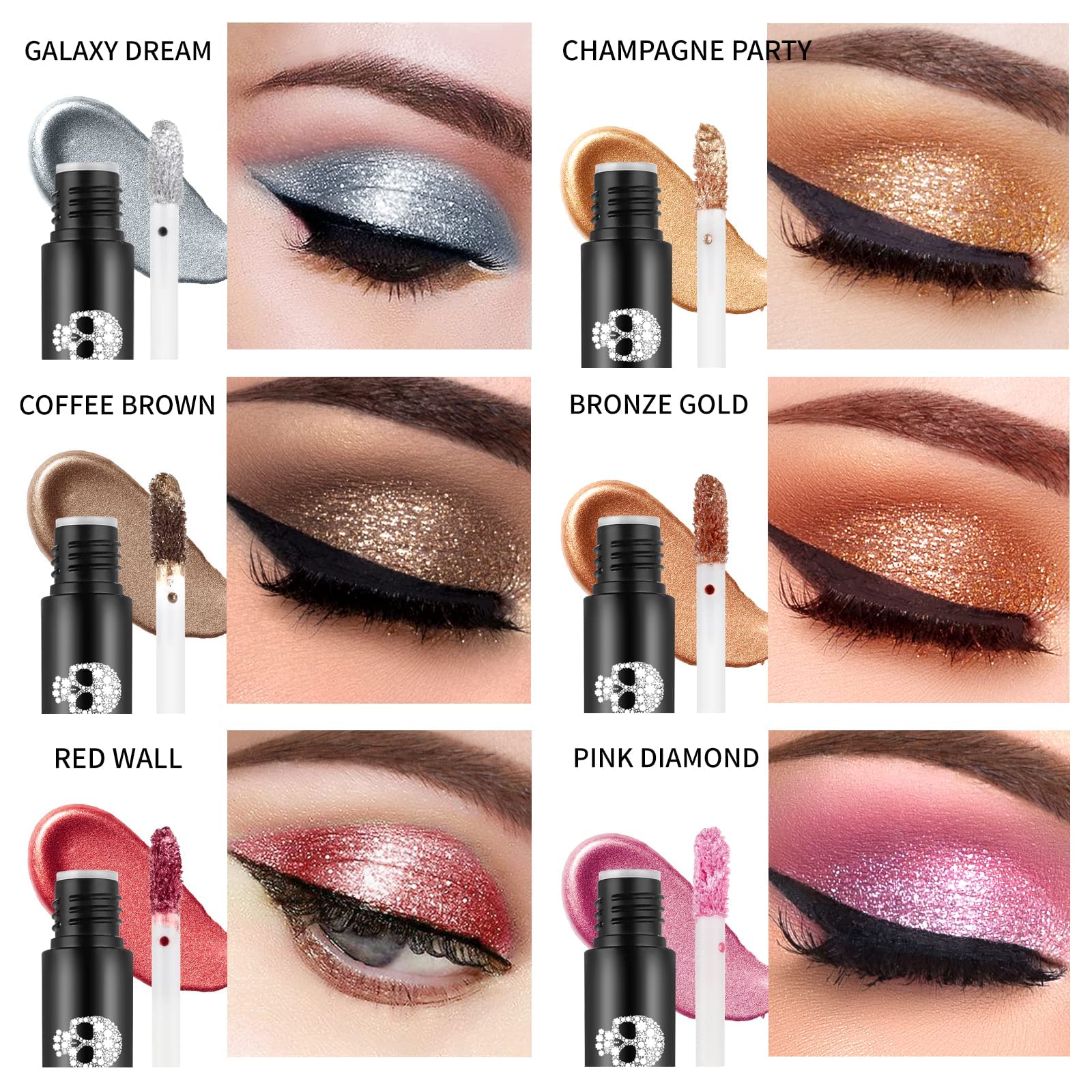 La Catrina DE'LANCI Liquid Glitter Eyeshadow,6 Colors Glitter Eyeshadow Liquid Set, Metallic High Pigmented Cosmetics Liquid Sparkle Eyeshadow Liquid Eye Makeup Christmas