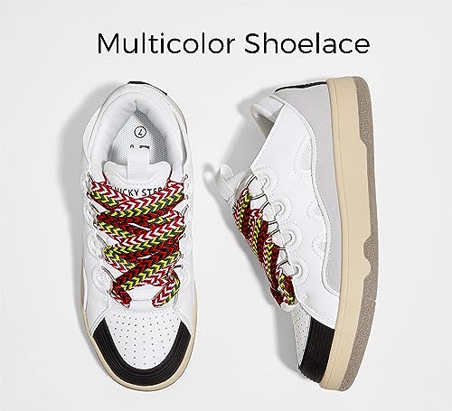 LUCKY STEP Women's Fashion Classic Leopard Leather Suede Sneakers Platform Casual Walking Tennis Club Flat Double Lace up Shoe(White,9B(M) US)