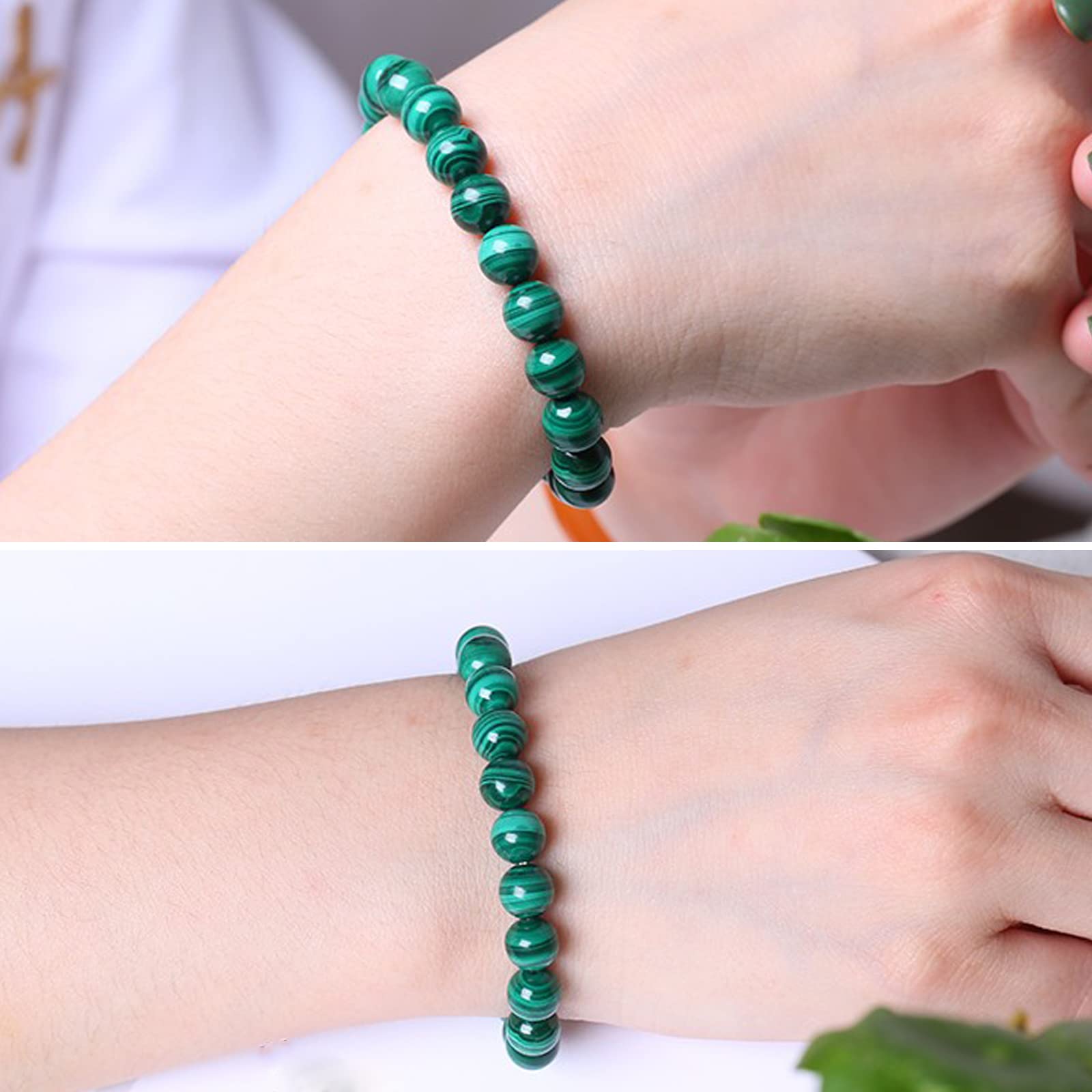 Rose&Poem Natural Malachite Bracelet, Handmade Gemstone Beaded Stretch Bracelets, 8mm Crystal Beads Semi-Precious Jewelry