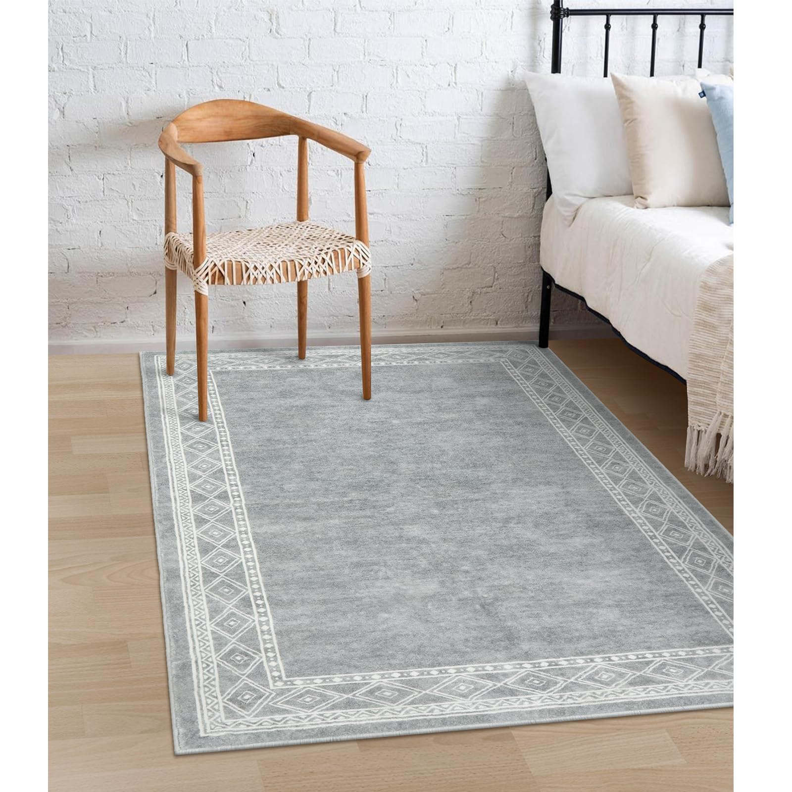 Lahome Modern Bordered Washable Bedroom Rug - 3x5 Rugs for Living Room Ultra-Thin Soft Gray Rug for Entryway Bedroom, Non-Slip Stain Resistant Small Carpet for Laundry Bedroom Office(3'x 5',Grey