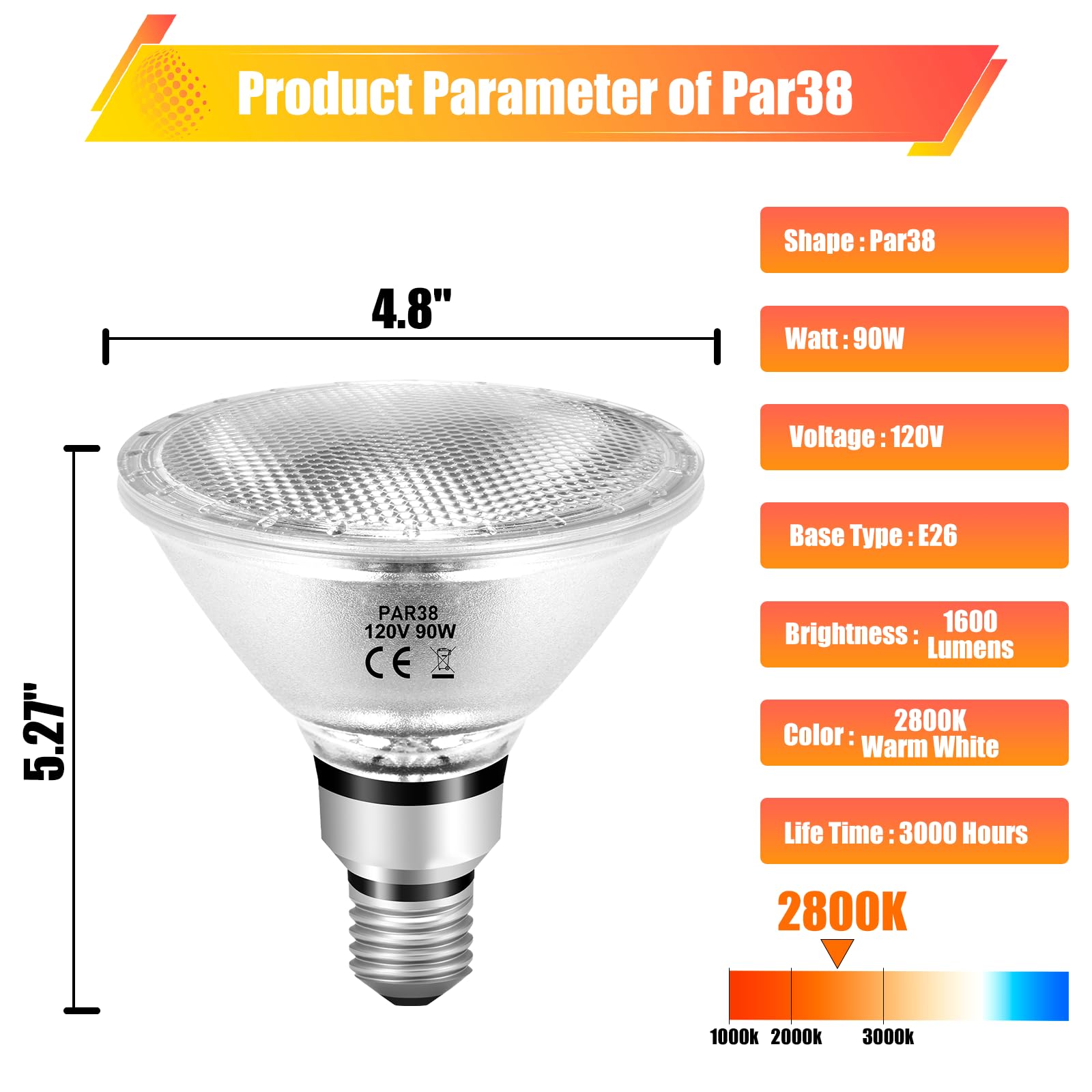 ZazaFi PAR38 Flood Llight Bulbs, 2 Pack High Output PAR38 Halogen Flood Light 90W 120V, PAR38 Halogen Dimmable, Halogen PAR38 Bulb with E26 Base for Indoor/Outdoor,CRI100 PAR38 Warm White 2801K
