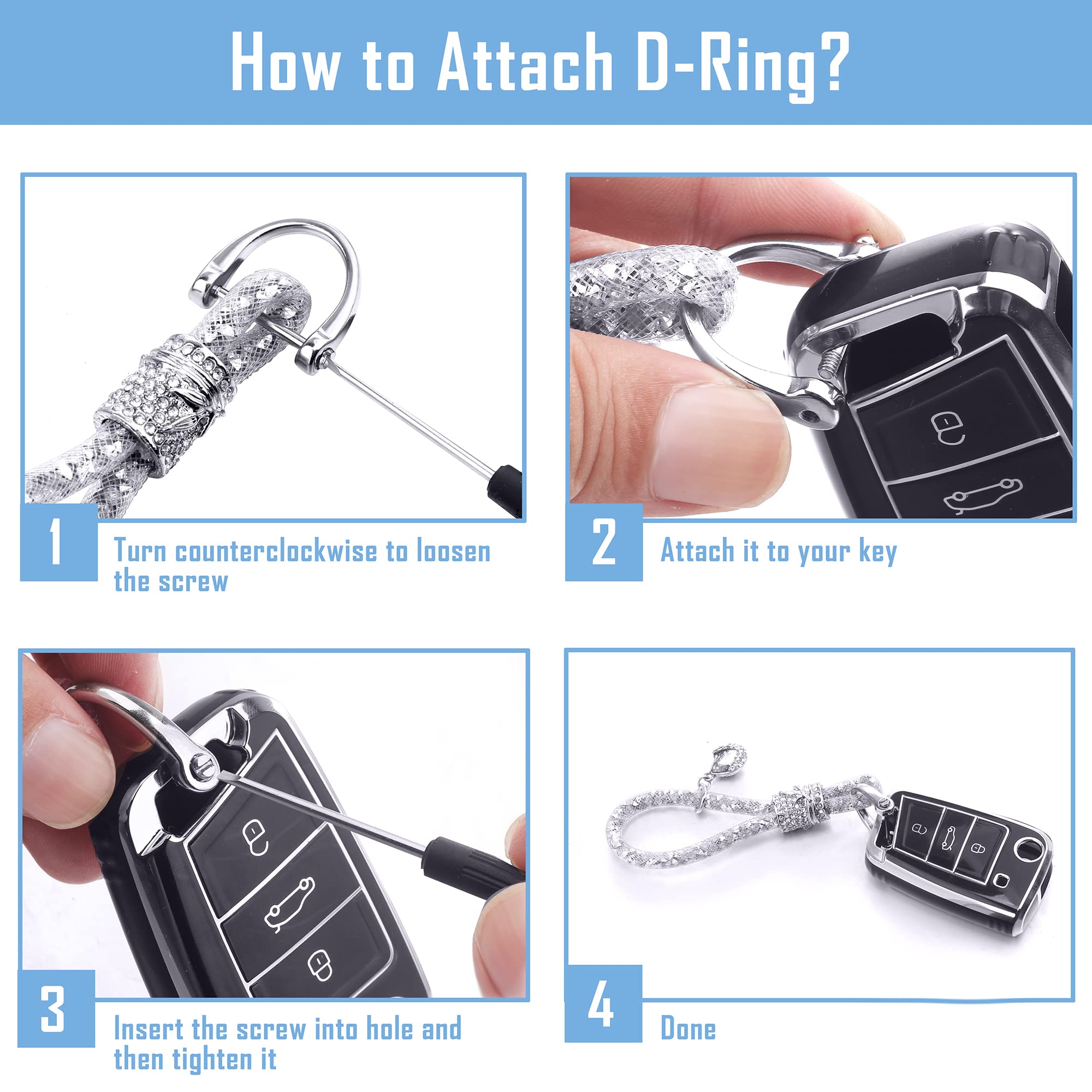 PlusRoc Crystal Car Keychain for Women Bling Rhinestones Key Chain Ring Car Key Accessories, Silver