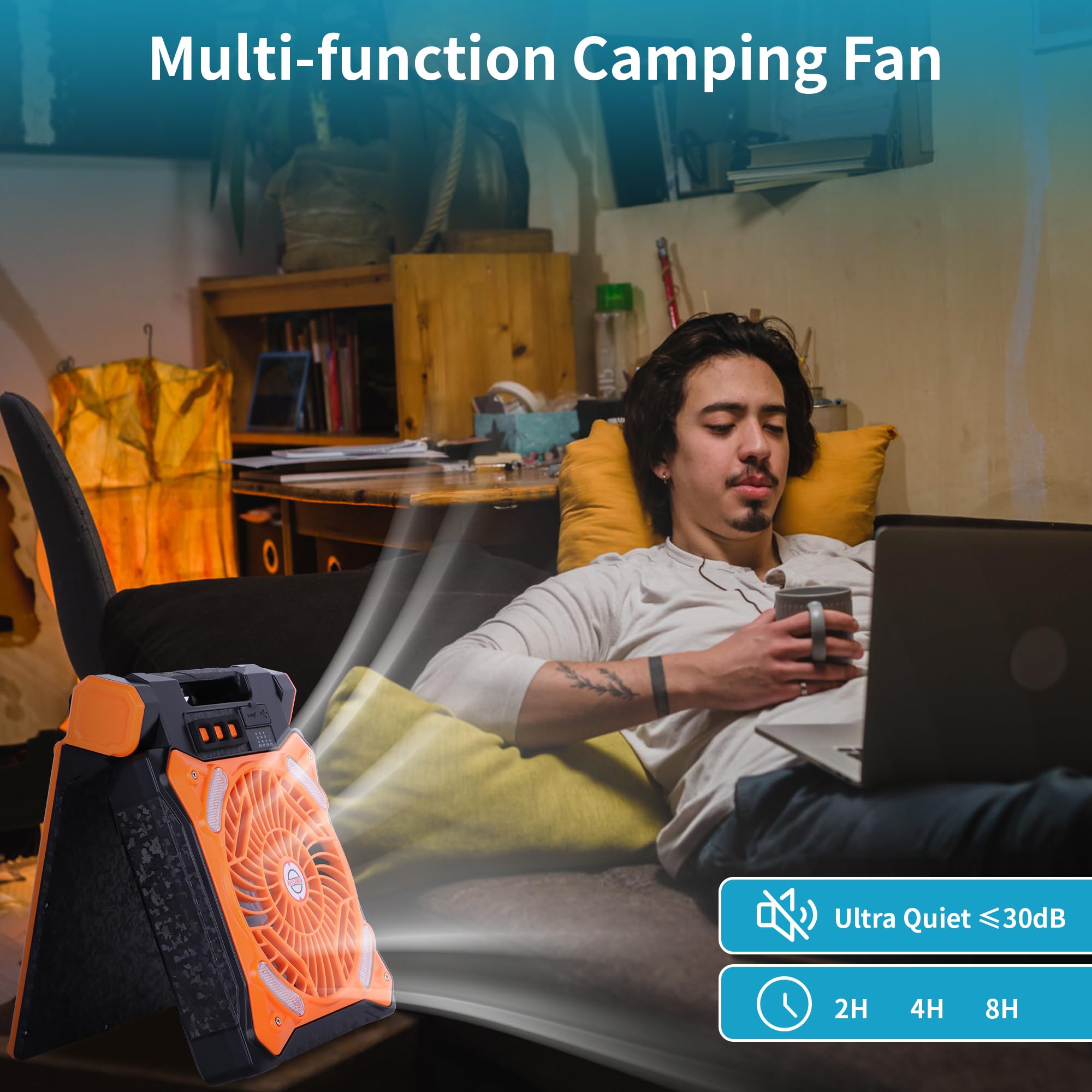 WESTTREE Solar Fan Battery Powered Fan, Rechargeable Fan Solar Camping Fan with Led Lantern & Power Bank, Foldable Angle Solar Powered Fan, USB Personal Cordless Fan Portable Fan for Travel Camping