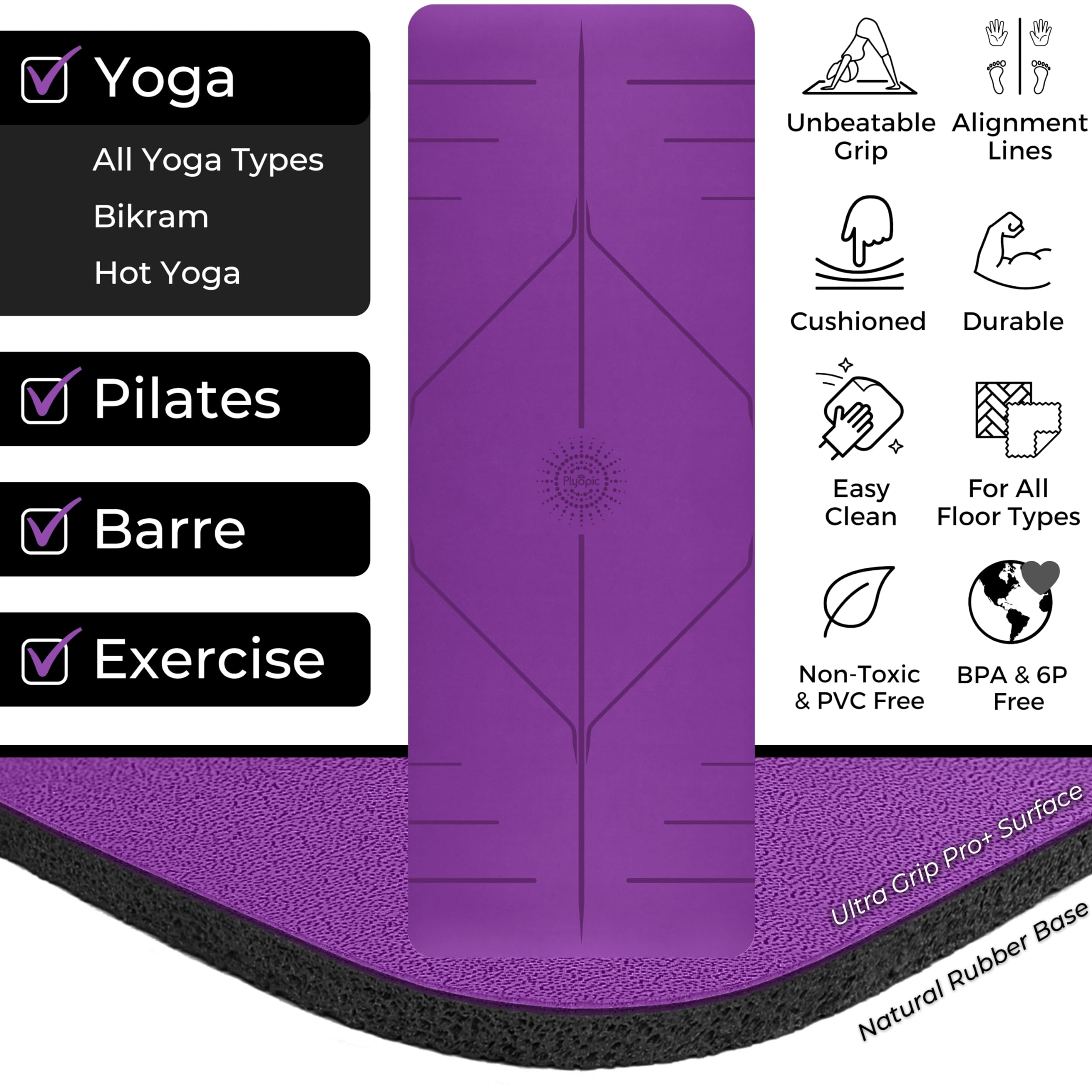 Plyopic Ultra-Grip Pro+ Yoga Mat – EXTREME Non-Slip Performance - Dry Grip & Wet Grip - Alignment Line - Comfortable & Sweat Resistant - For Yoga, Pilates, Exercise, Workout, Bikram & Hot Yoga (Gray)