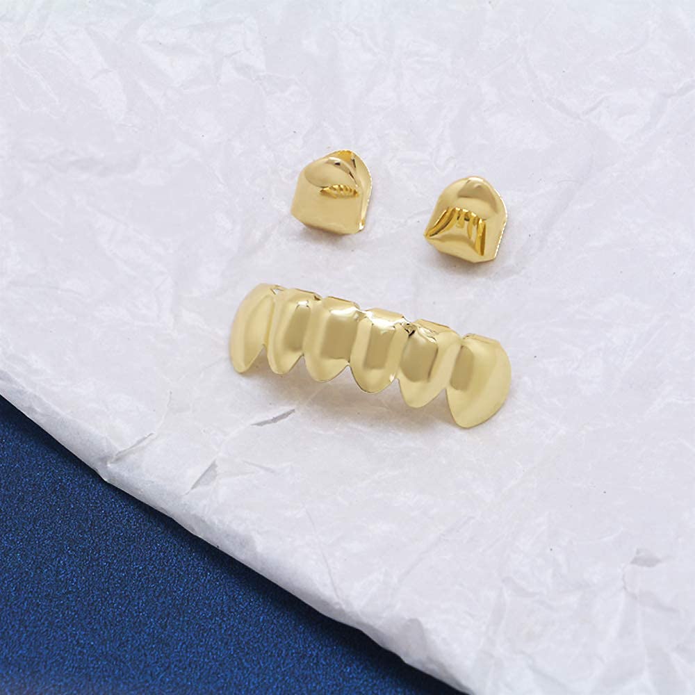 LuReen 14k Gold 2 PC Single Shiny Teeth Grillz 6 Bottom Grillz Set Hip Hop Teeth Grills for Teeth Rapper Halloween Costume Cosplay