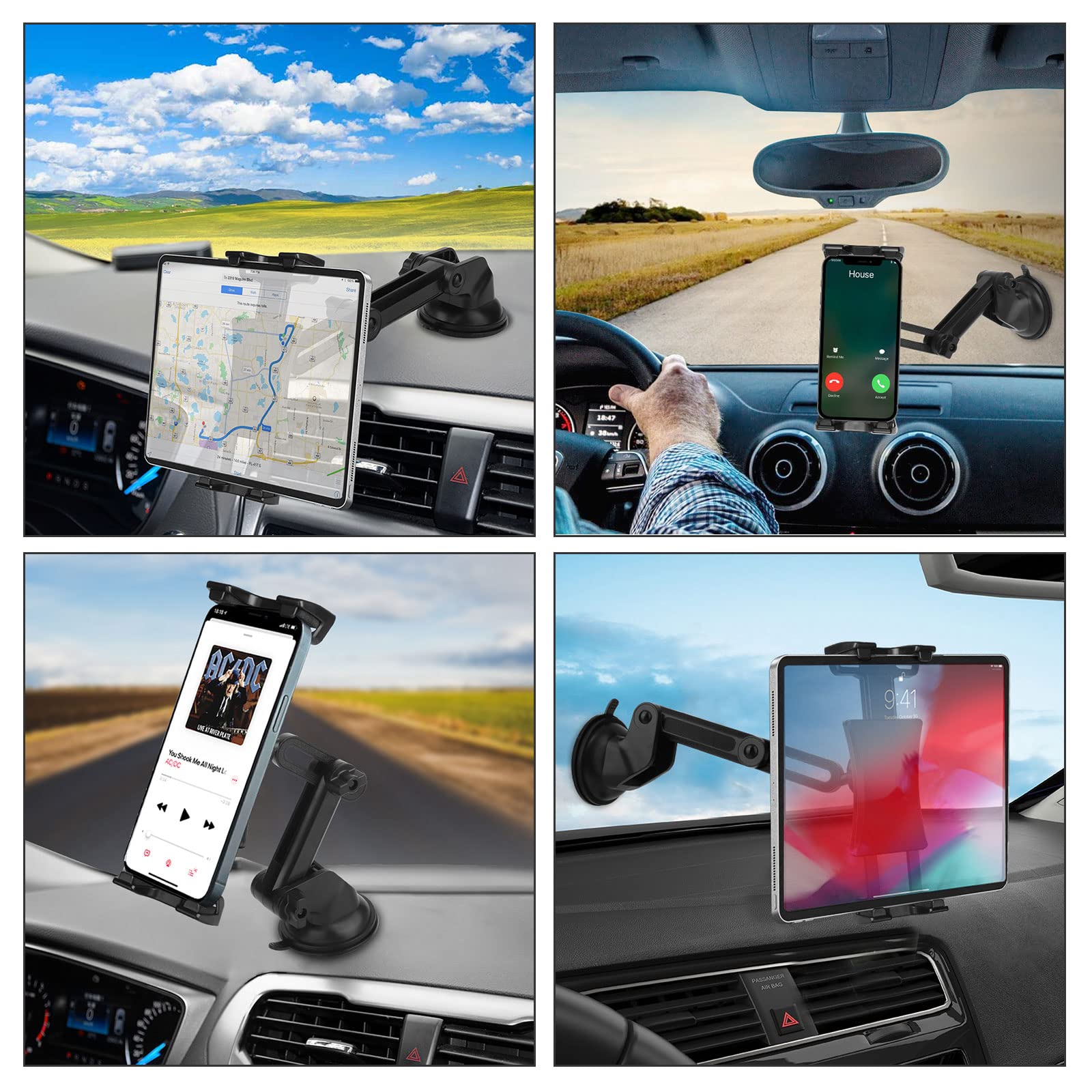 Tablet Car Dashboard & Windshield Mount, Universal 360° Adjustable Window Dash Suction Cup Holder for iPad Pro 12.9/11/10.5/9.7/Air/Mini 6 5 4, Samsung Galaxy, 4.7-12.9" Tab & Phone, 1* TPU Sticky Pad
