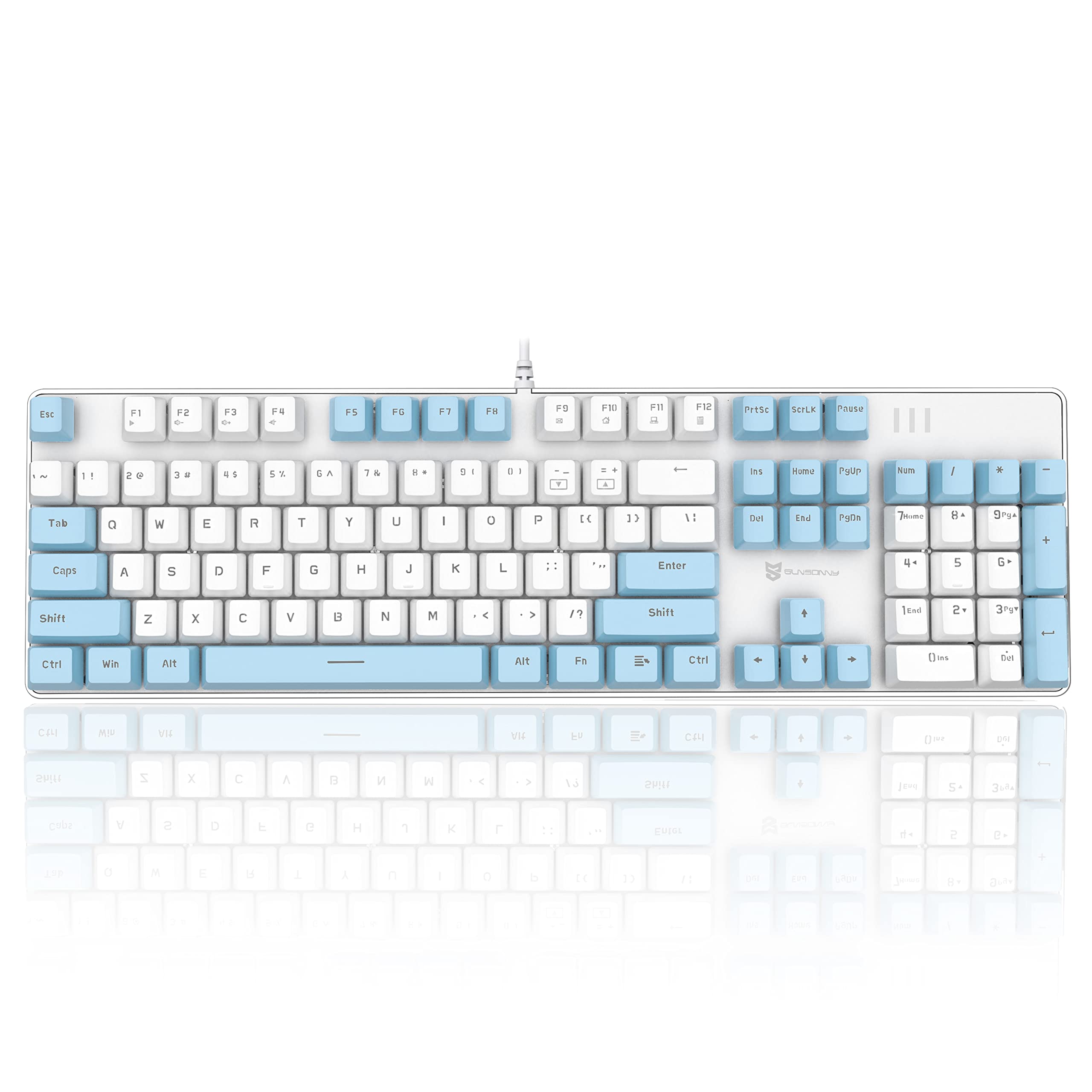 Mechanical Gaming Keyboard 104 Keys Mixed Color with Blue LED Backlit Wired USB Anti-Ghosting Keys Ergonomic Design Metal Panel Keyboard for PC Mac Laptop (Brown Switch, Blue White)