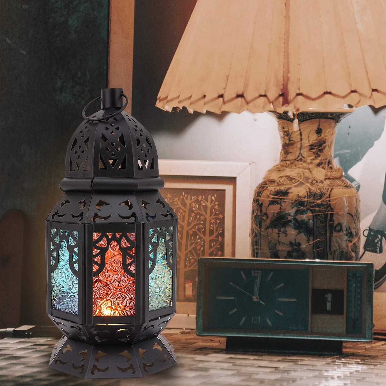 Lewondr Retro Iron Ramadan Candle Lantern, 13.8 Inch Portable Moroccan Wrought Iron Stained Glass Decorative Lantern Candle Holder Hanging Lamp Wind Lantern for Home Decor, Large – Black + Colorful