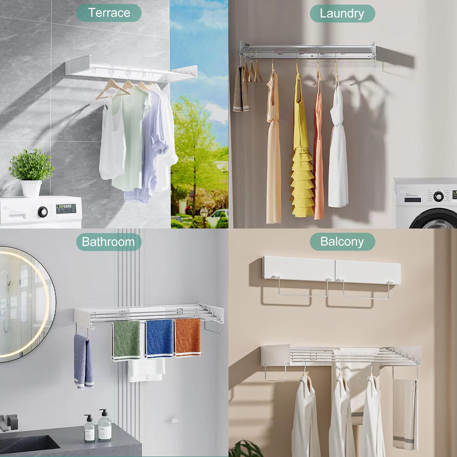 Wall Mounted Drying Rack, Laundry Drying Rack Collapsible, Clothes Drying Rack, Towel Drying Rack for Indoor & Outdoor with Wall Template & 5 Rods, 60 lb Capacity, 31.5β Wide, 13.5 Linear Ft, White