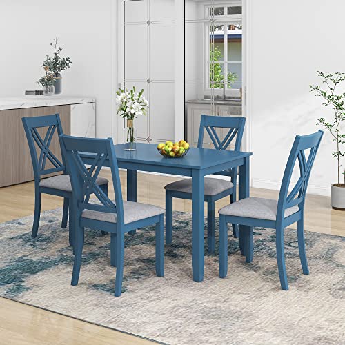 Lepfun Rustic Minimalist Style Wooden 5-Piece Table Set with 4 X-Back Upholstered Chairs for Apartment,Living, Dining Room and Small Places,Breakfast Nook,Easy to Assemble,Blue