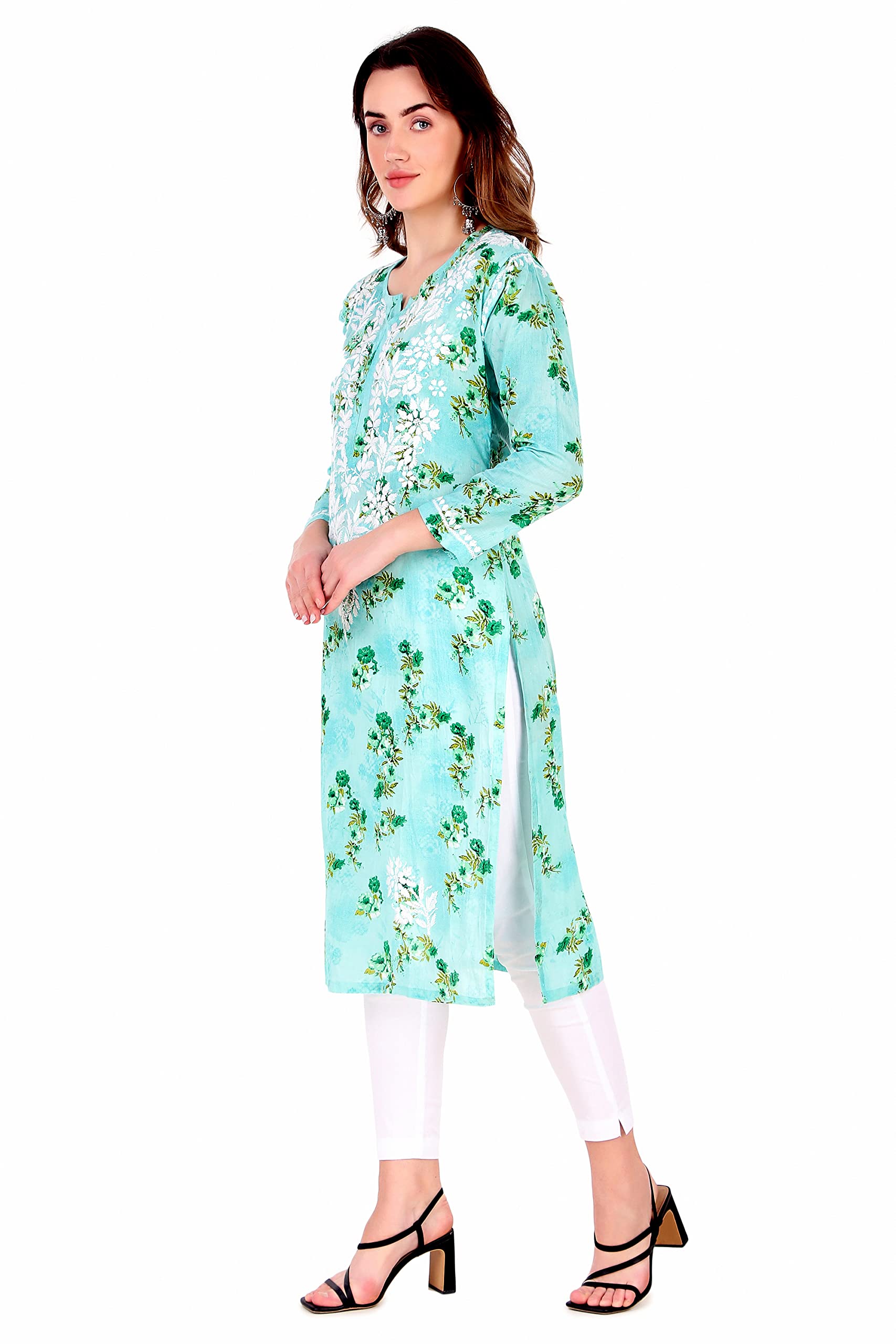 ladyline Womens Soft Cotton Lawn Printed Chikankari Lucknowi Handwork Kurti Tunic Kurta (CPEK LLKPE) (44/Sea Green)