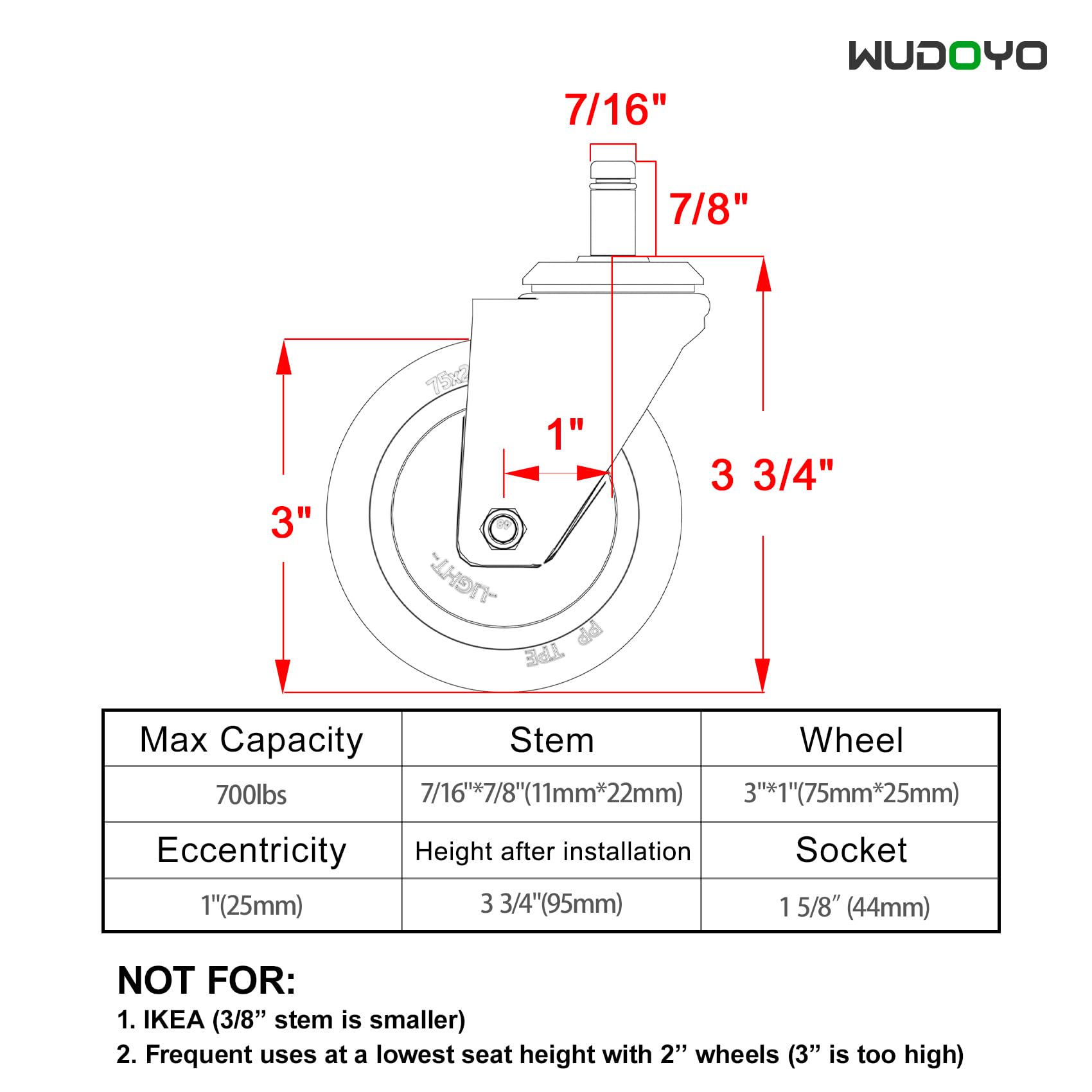 WUDOYO Wide Rubber Office Chair Wheels Replacement Against Hair Stuck Heavy Duty for Carpet Wood Tile Floor(Without Locks)
