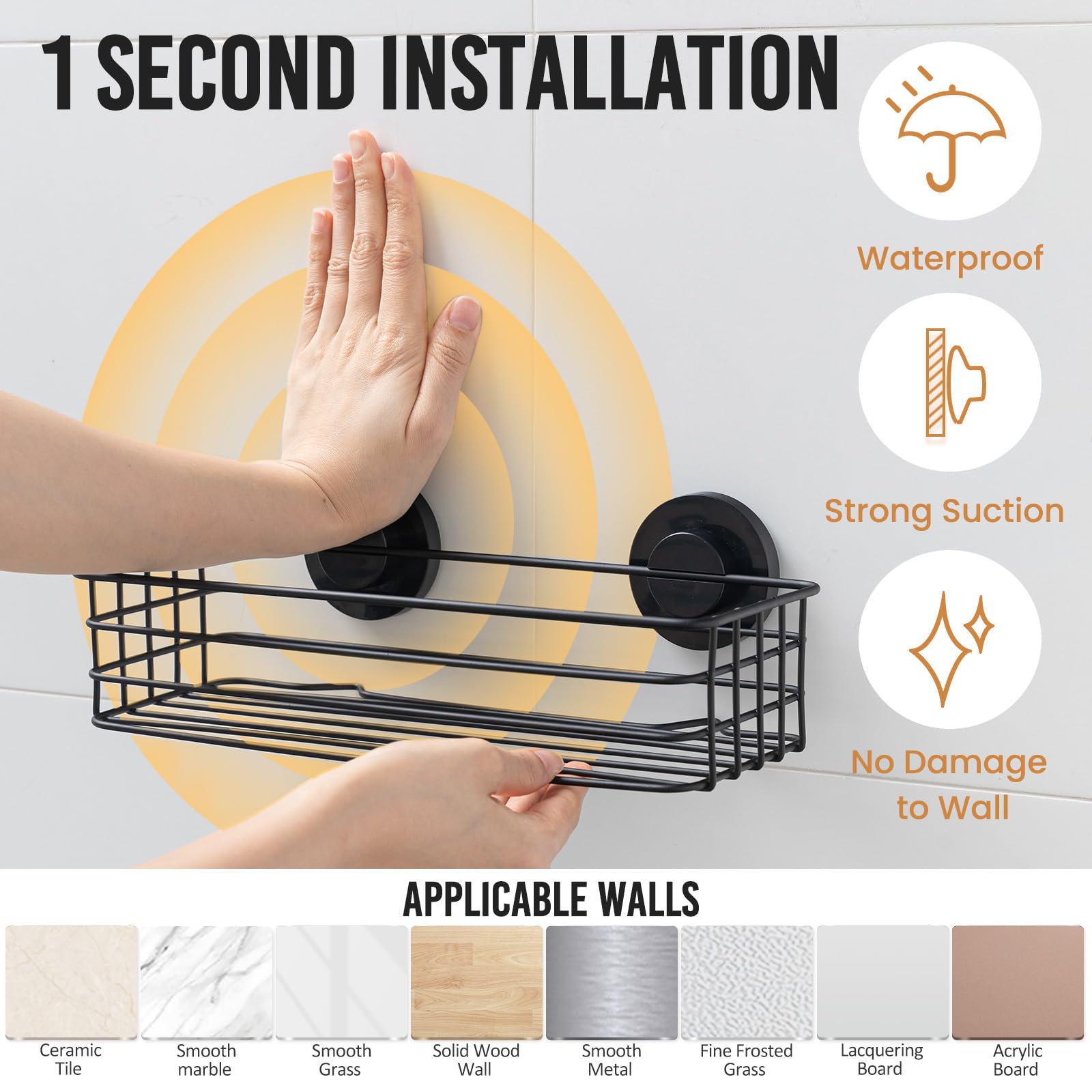 LEVERLOC Shower Caddy Suction Cup, 2 Pack Shower Shelves for Inside Shower with Hooks & Soap holder, NO-Drilling Bathroom Shower Organizer, Rustproof Stainless Steel Shower Holder Storage, Black