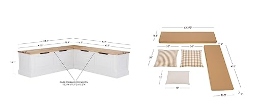 Linon Tobin Dining Nook with Hidden Storage Spaces Includes Cushion Set and Pillows, Natural White & Beige