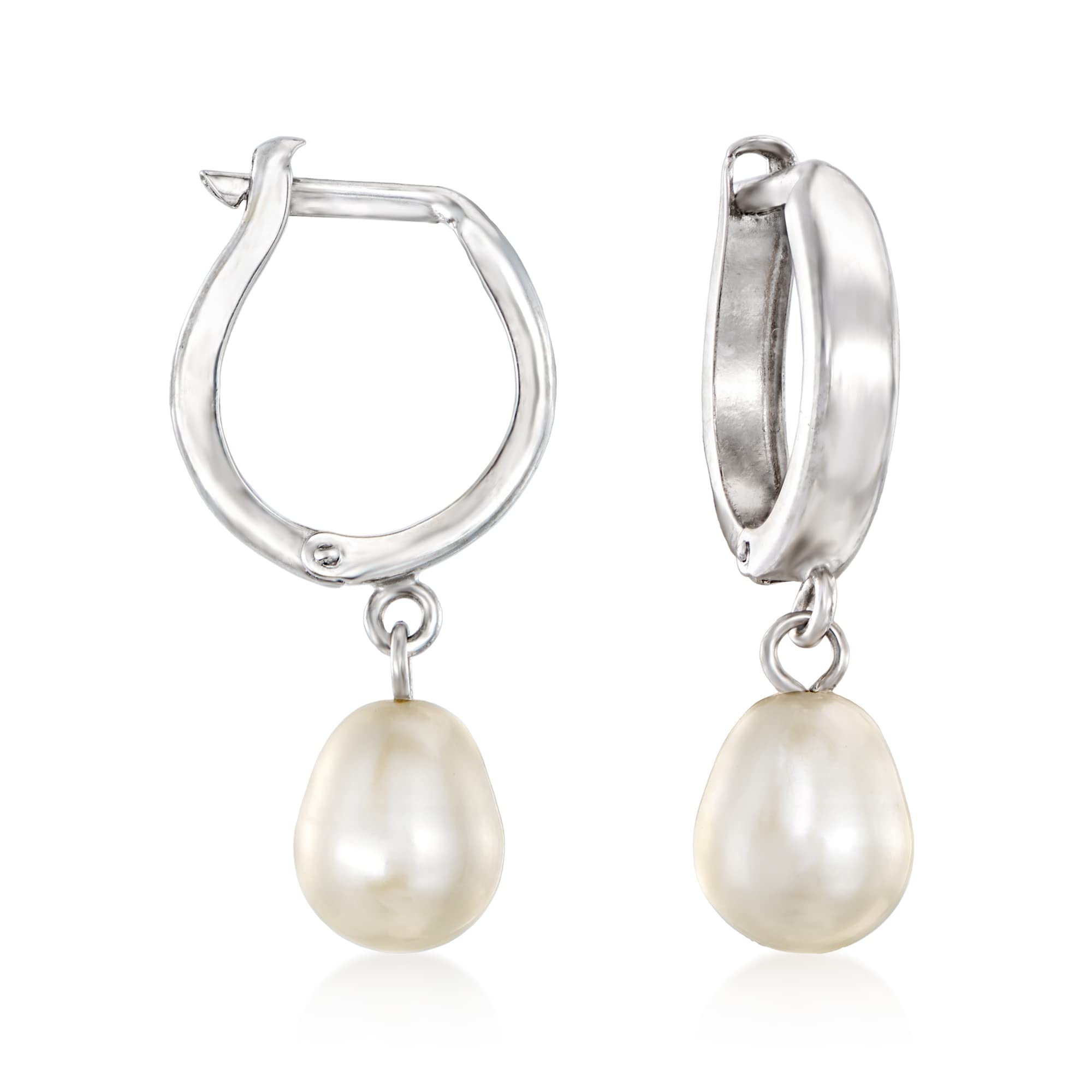 Ross-Simons 5-6mm Cultured Pearl Hoop Drop Earrings in 14kt White Gold