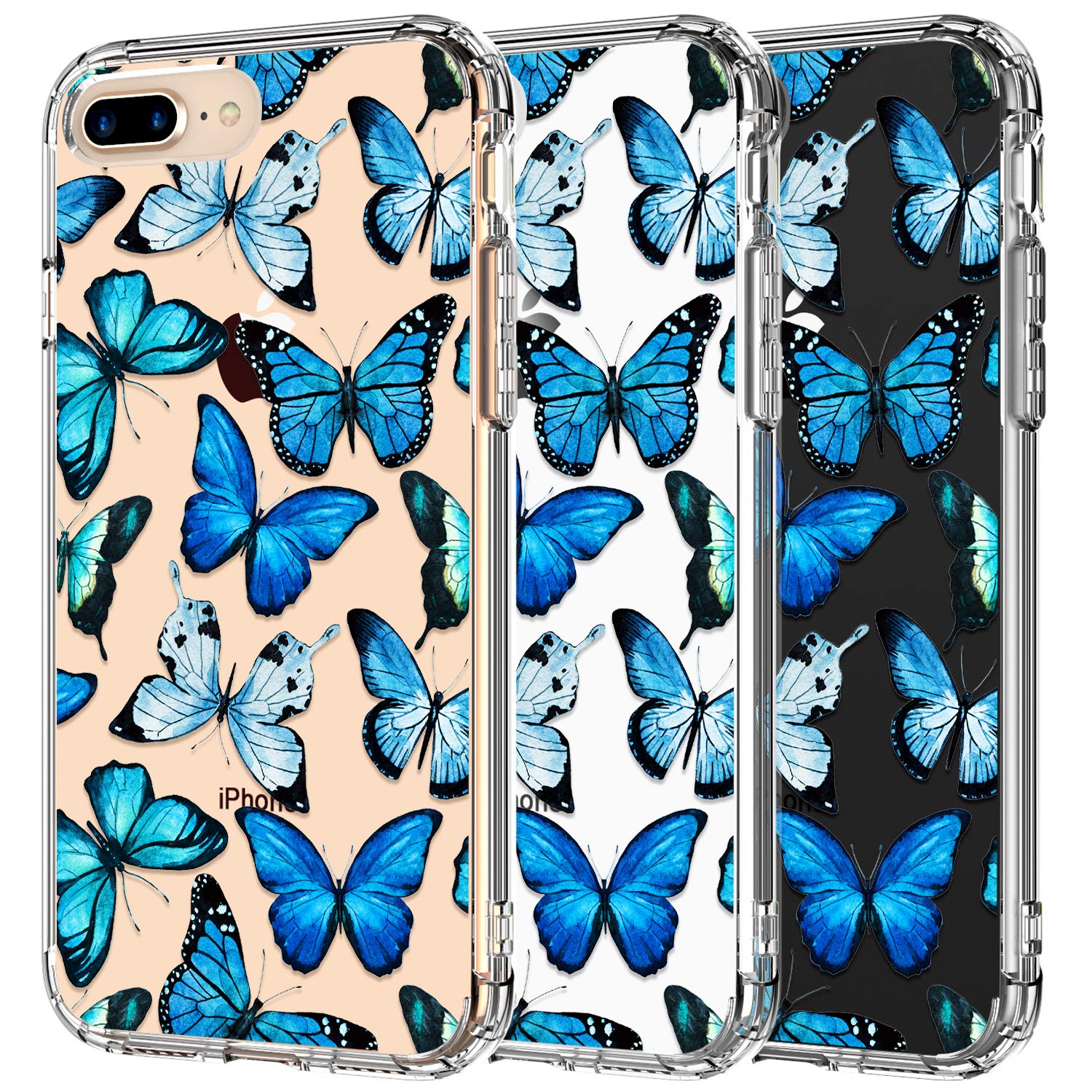 LUHOURI iPhone 8 Plus/7 Plus Case with Screen Protector,Clear Cover with Fashion Cute Designs for Women Girls,Slim Fit Durable Protective Phone Case for Apple iPhone 8 Plus/7 Plus Blue Butterflies