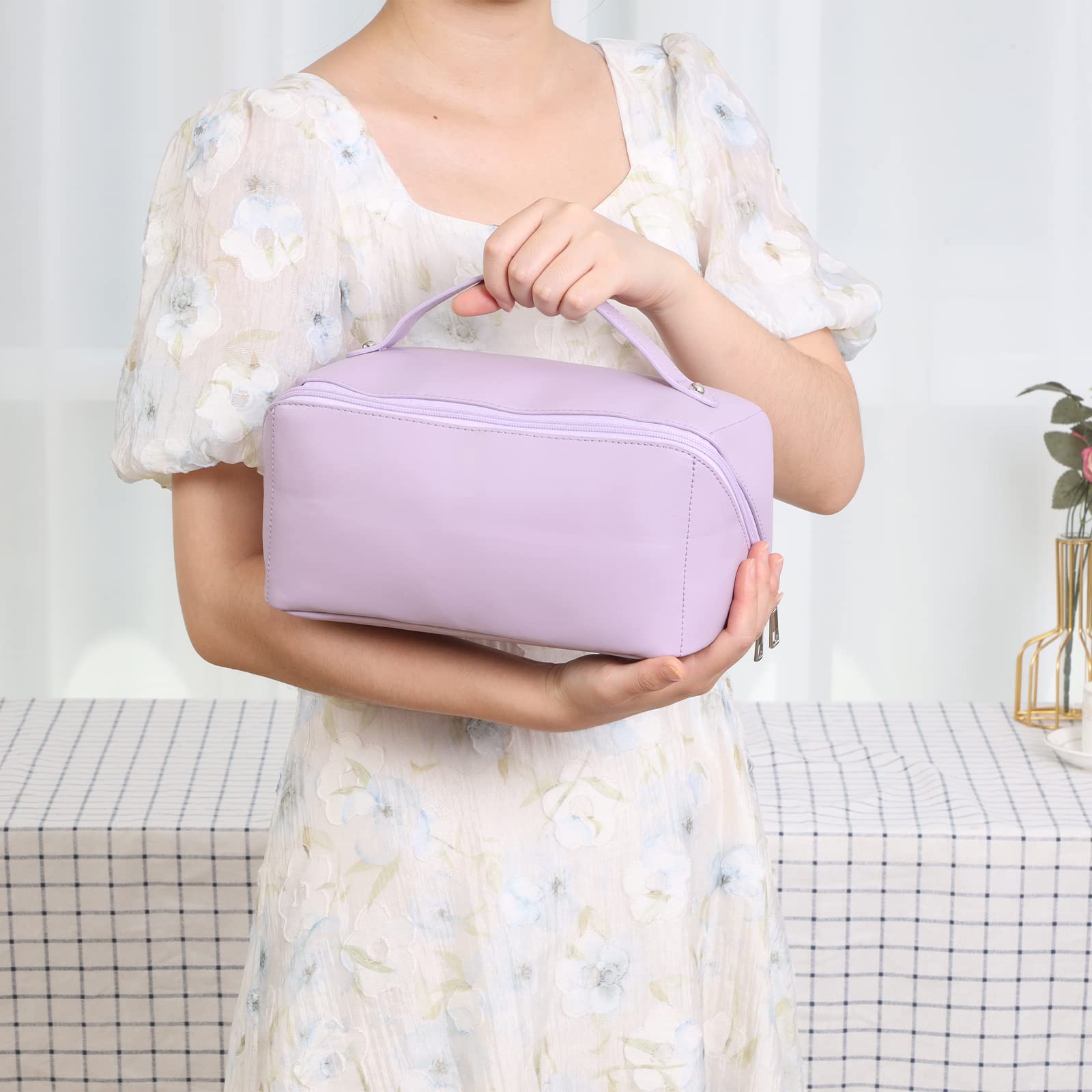 WUSHENG Makeup Bag Large Capacity Waterproof Open Flat Travel Make up Organizer Bag Portable PU Leather Everything Cosmetics Bag for Woman (Light Purple)