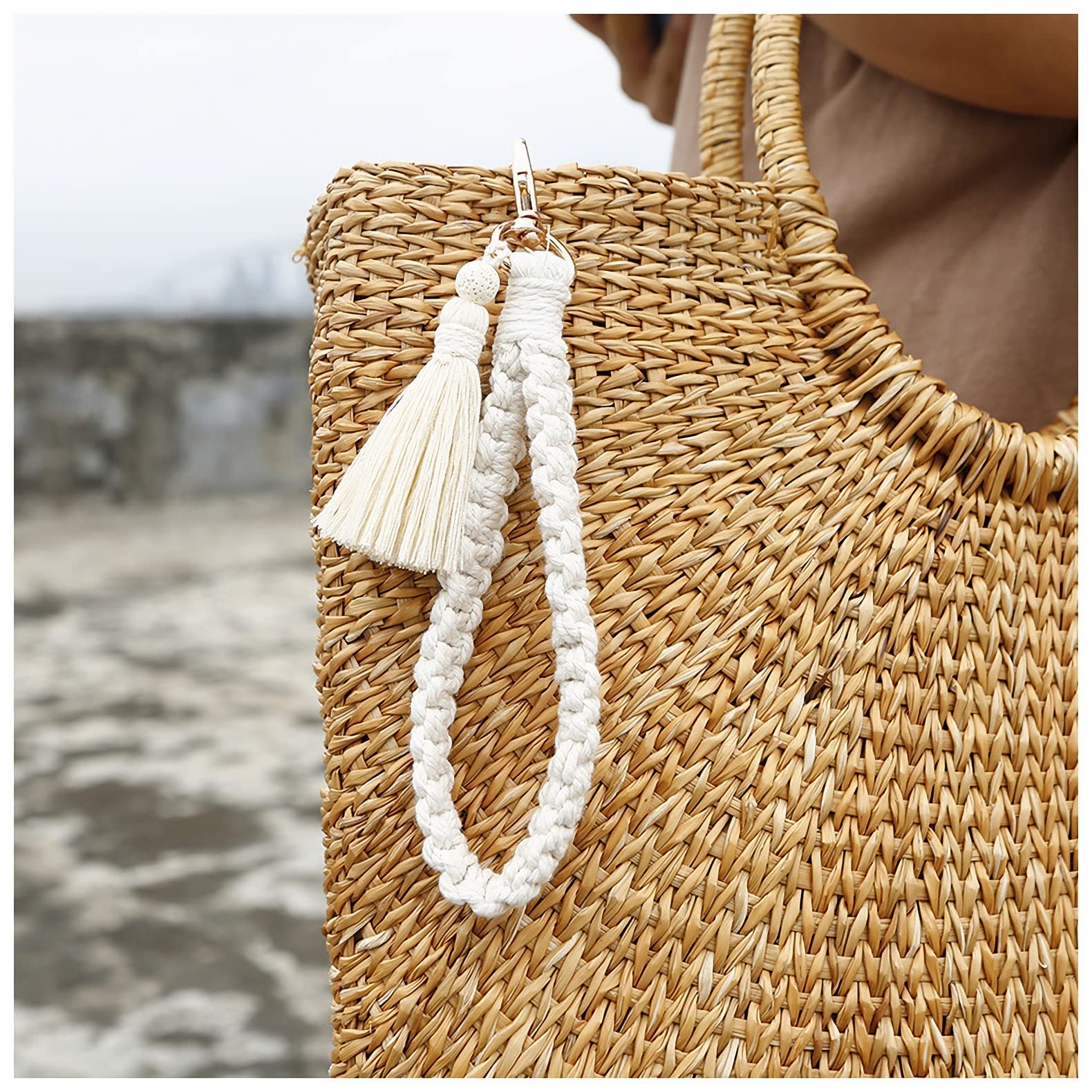Poagoep Macrame Boho Keychain Bracelet Handmade Tassel Wristlet Keychain Keyring Holder Wrist Lanyard for Women(7)