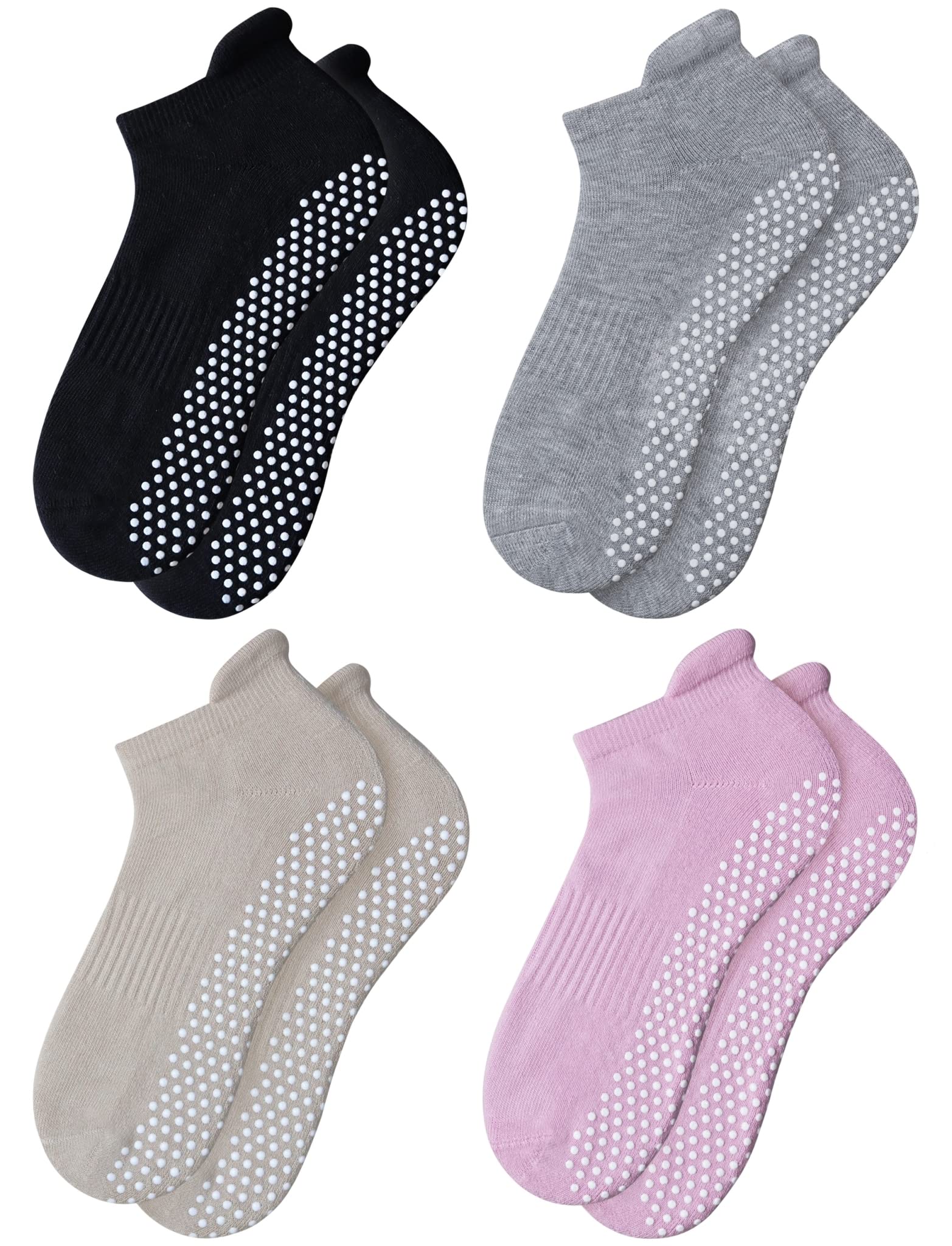 RATIVE Anti Slip Non Skid Barre Yoga Pilates Hospital Ankle Socks with grips for Adults Men Women (Large, 4-pairs/black+beige+grey+pink)