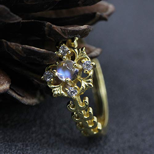 Luna Azure natural Rainbow Moonstone and 925 sterling silver with AAA Cz Goldplated Silver Adjustable Ring women girls gift present jewelry