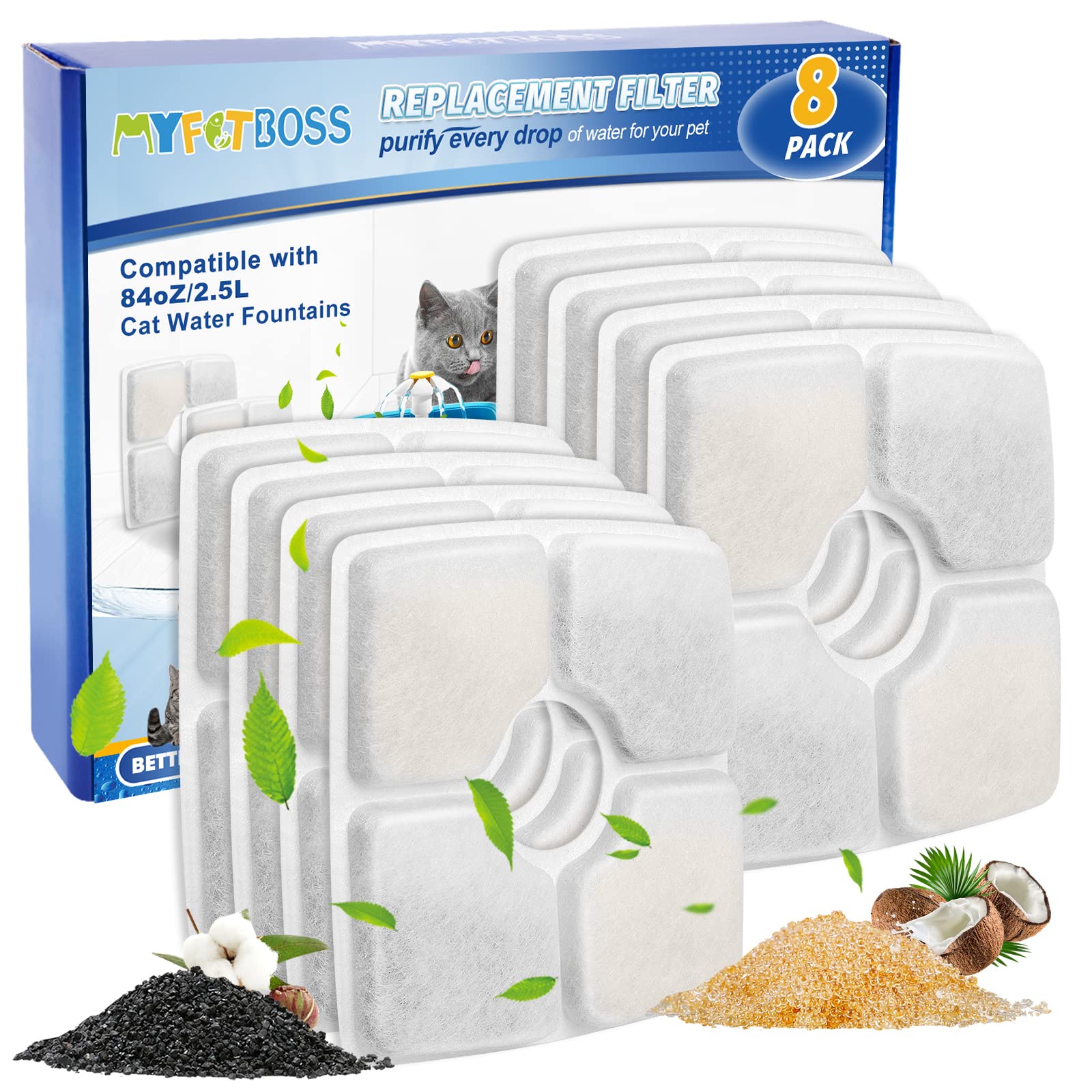 MyfatBOSS Cat Water Fountain Filter, 8 Pack Cat Fountain Filter Replacement Fit for 84oz/2.5L Automatic Cat Pet Fountain, 3 Filtration System Cat Pet Water Fountain Dog Water Dispenser