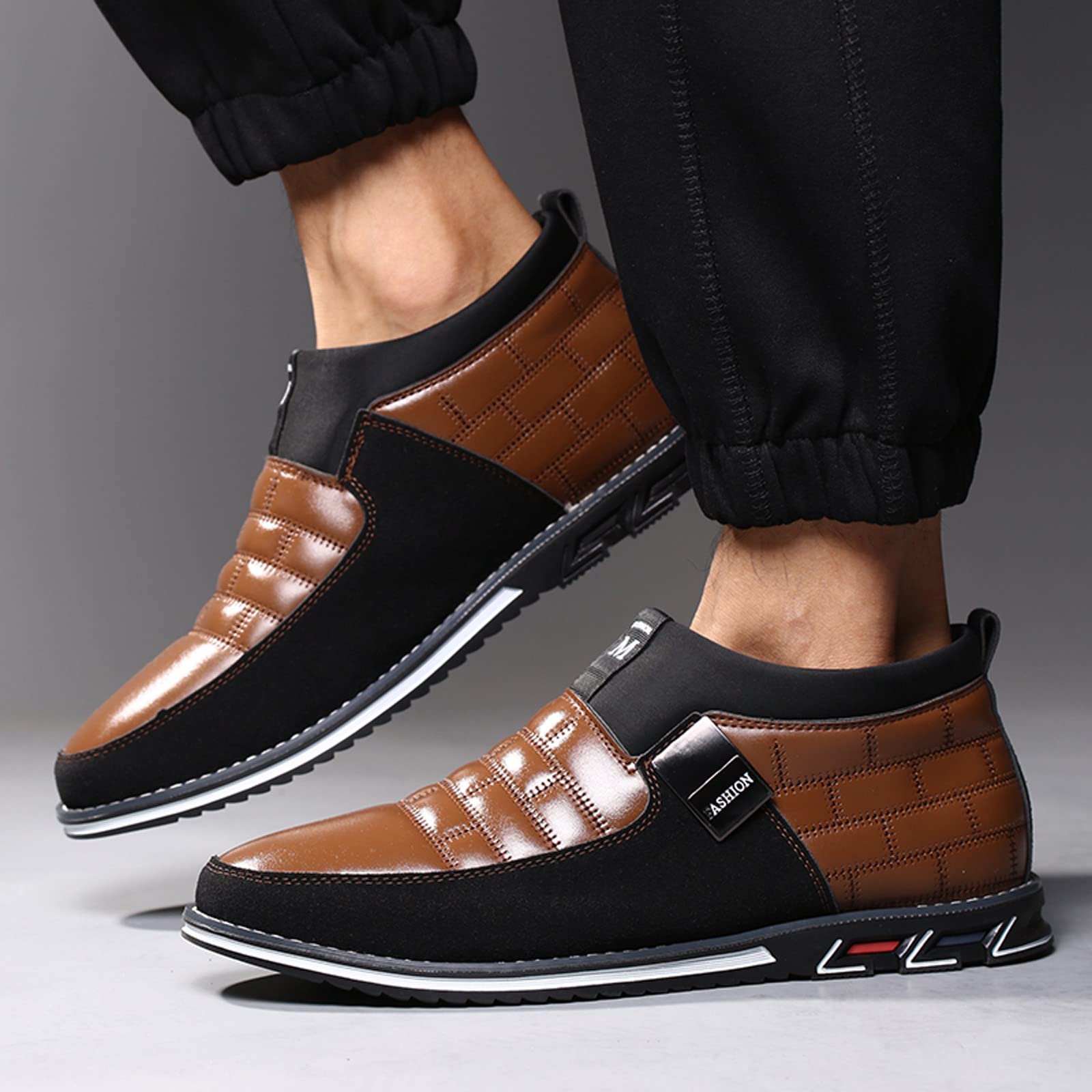 Slip On Running Shoes Men No Laces Classical Style Shoes for Men Slip On PU Leather Low Rubber Sole Block Heel Work