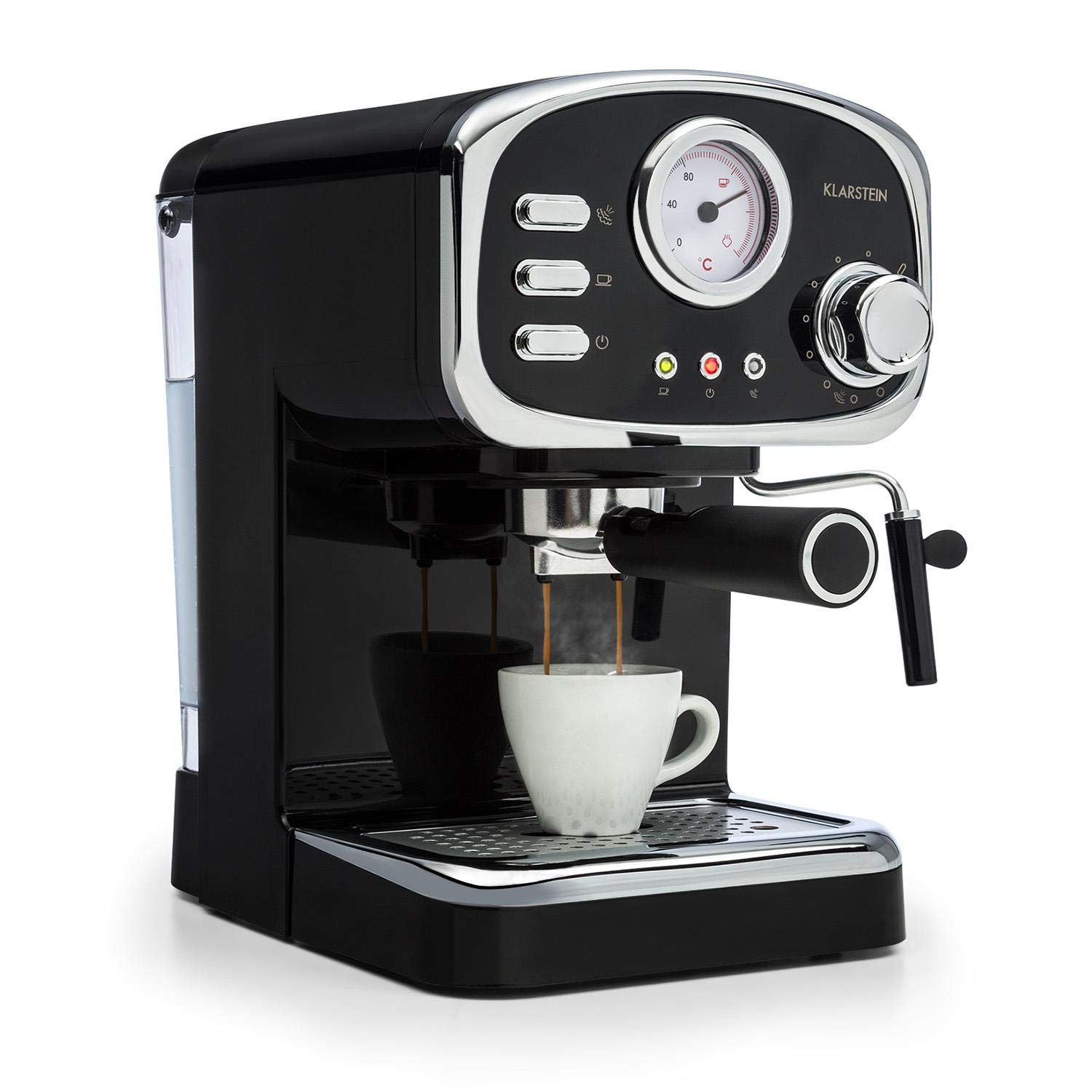 KLARSTEIN Espressionata Gusto - Espresso Maker, 20 Bar Pump Pressure, 1100 Watts, Makes 6 cups (0.3 gallon), Removable Stainless-Steel Drip Grid, Dishwasher-Safe Drip Tray, Retro Look, Black