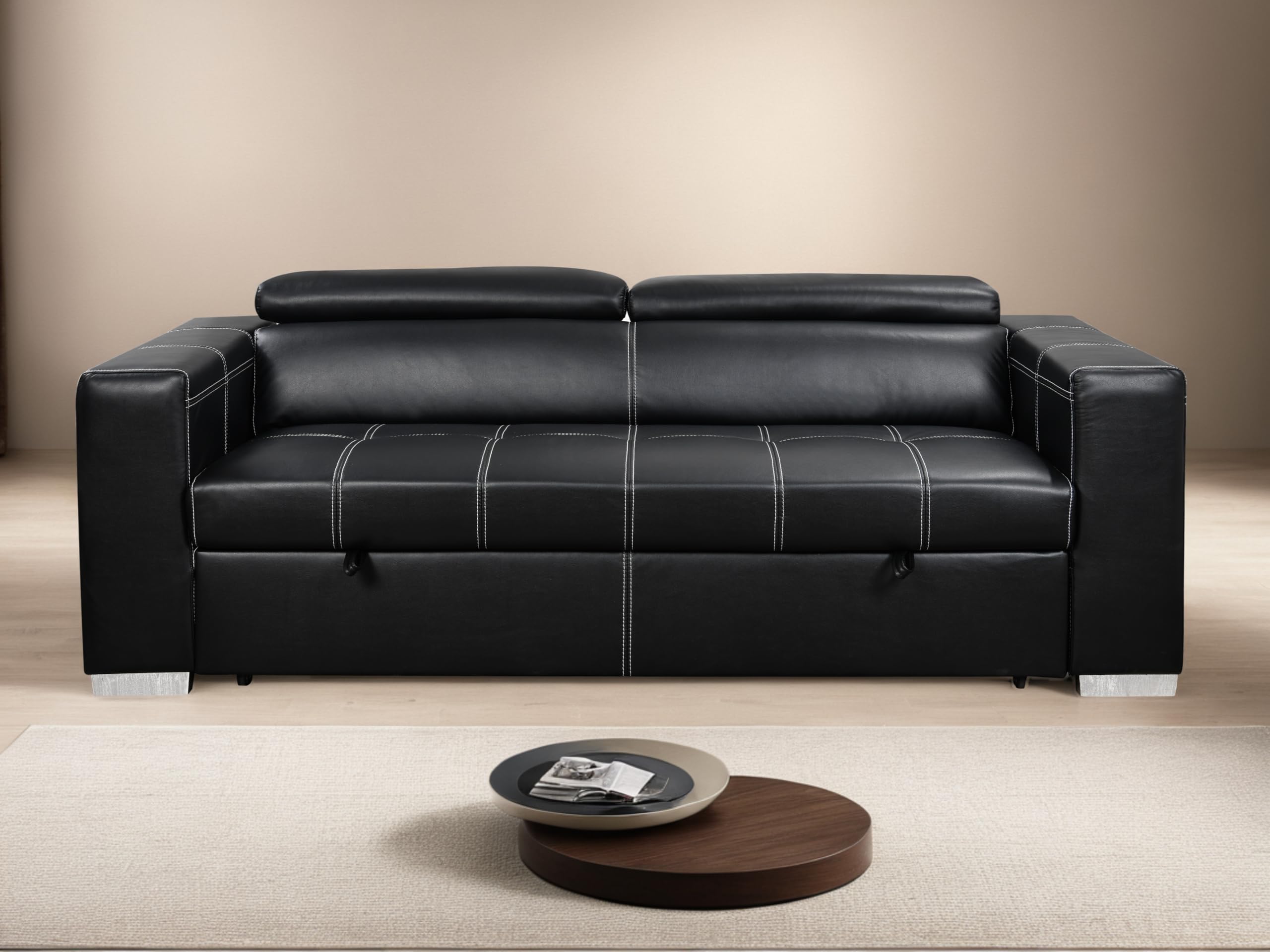 ZIGHTH 88 inch Oversized Breathable Leather Sofa with Adjustable Headrest, Modern Breathable Leather Couch Loveseat with Pull Out Chaise Lounge, Black Leather Sofa for Living Room, Apartment (Black)