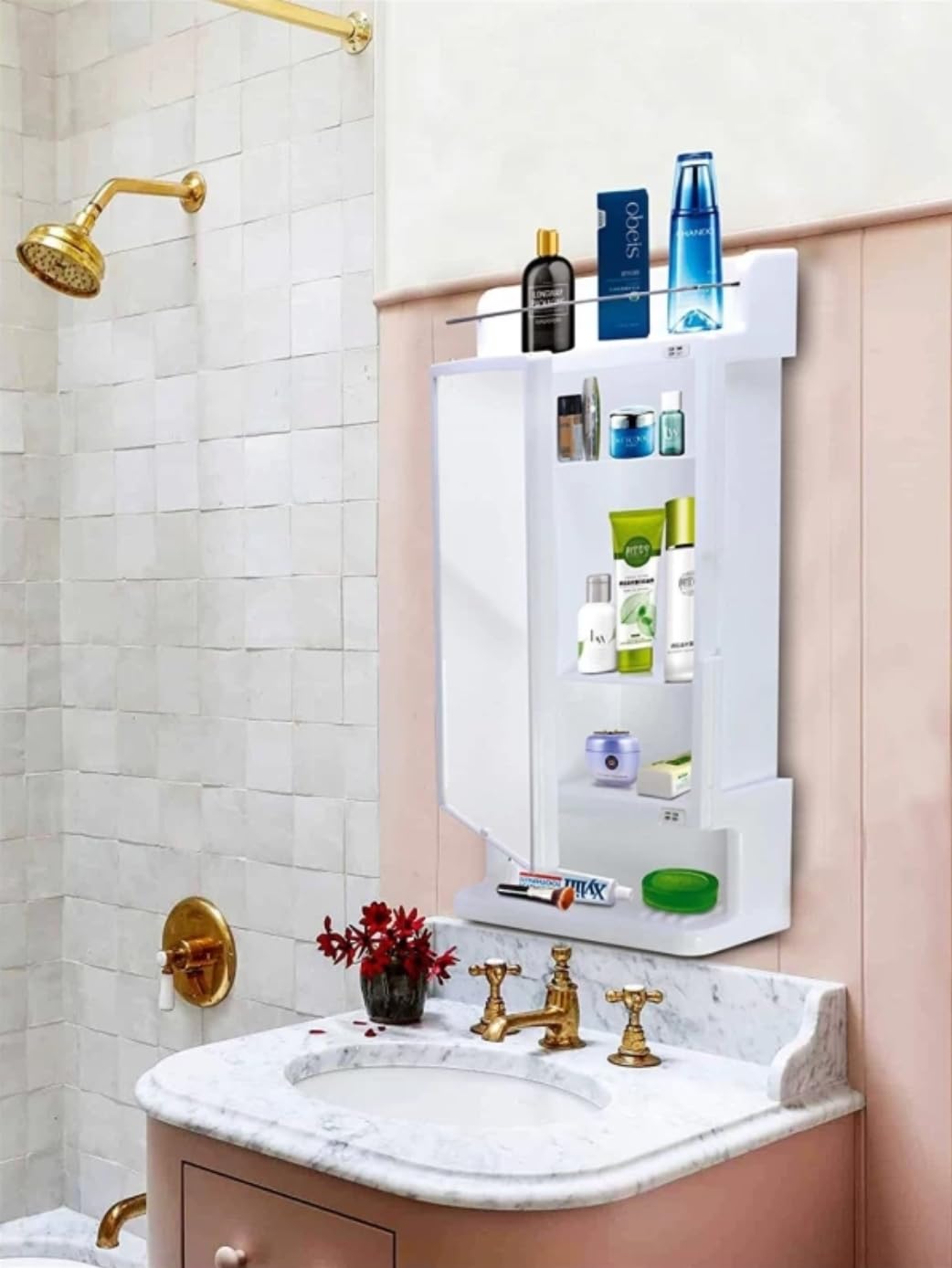 Well Set Medicine Cabinet with Mirror, Wall Mounted Bathroom Storage Cabinet Mirror Door & 2 Open Shelves, Adjustable Shelves, Mirrored Bathroom Wall Cabinet 21 x 5 x 12 Inches