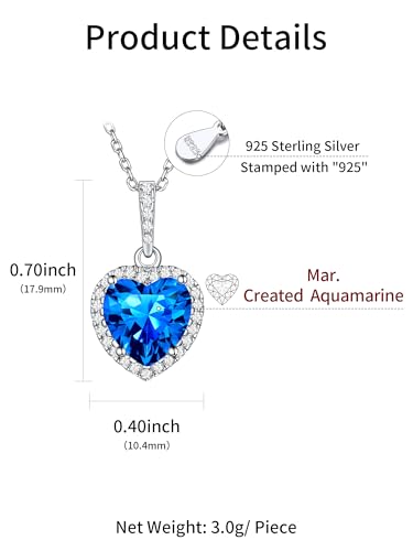 Love Heart Necklace Created March Birthstone Necklace Blue Created Aquamarine Sterling Silver Necklace