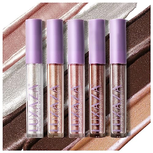 LUXAZA 5Pcs Liquid Eyeshadow Set,Shimmer & Metallic Glitter Eyeshadow,Highly Pigmented Long Lasting Liquid Shadow Eye Makeup,5 Colors Quick-Drying Sparkling Eye Shadow Makeup Set