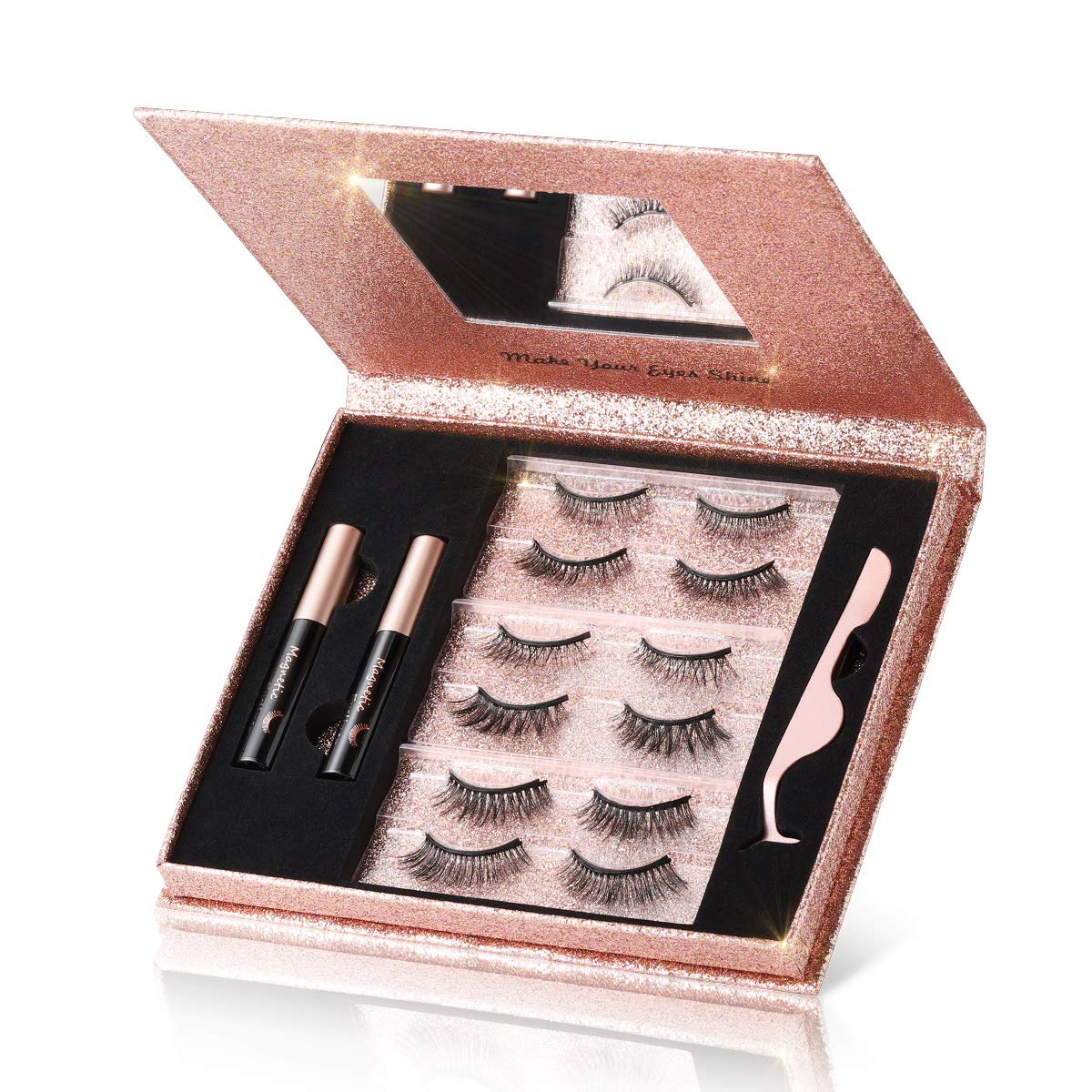 Magnetic Eyelashes with Eyeliner Kit, 6 Pairs 3D Natural Look Reusable False Magnetic Eyelashes, 2 Tubes Long Lasting Magnetic Eyeliner 10mL, Mirror Box with Professional Tweezers - No Glue Needed