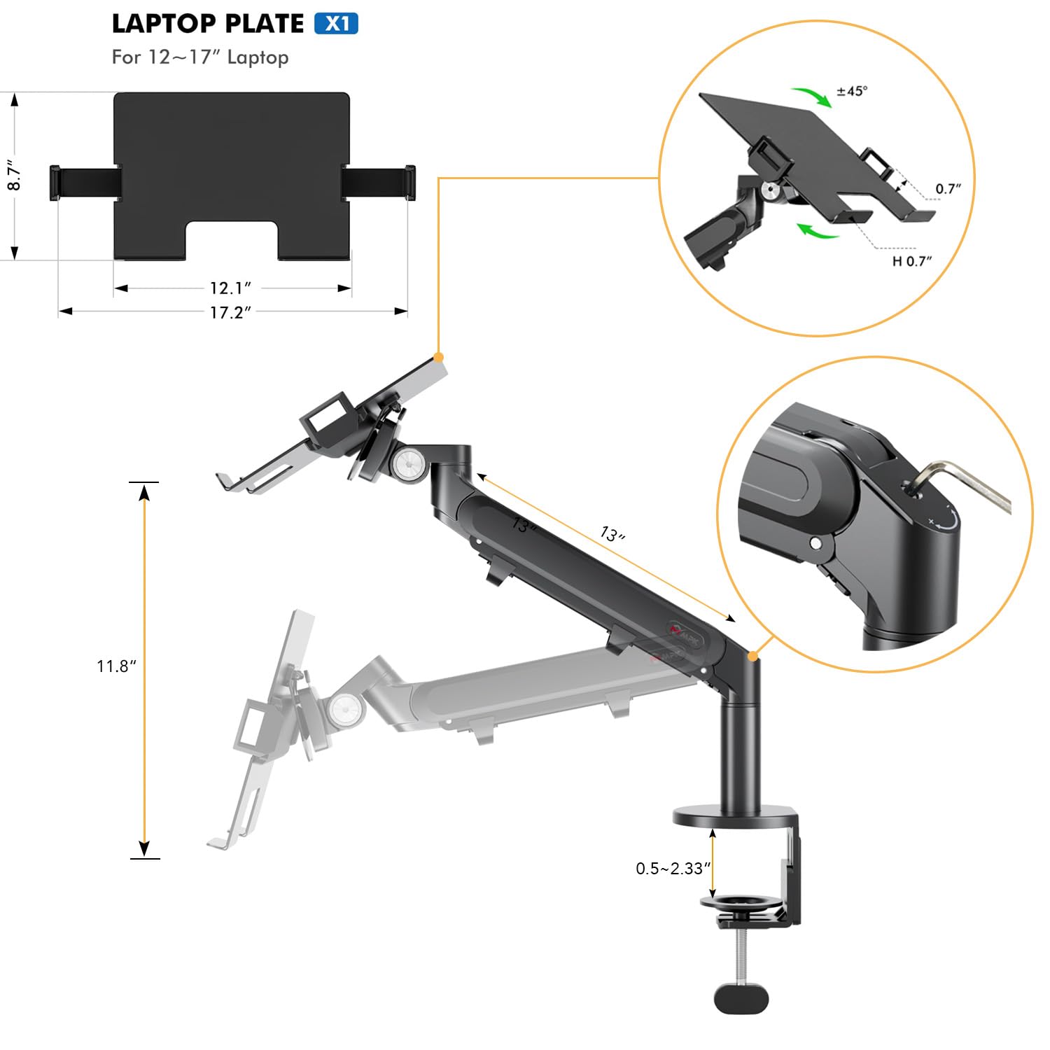 MPK Laptop Arm Mount for Desk,Adjustable Height Gas Spring Laptop Stand Clamp for Standing Desk Converter and Side Table Laptop Desk,Extra Laptop Tray Fits 12-17" Laptops/Notebook