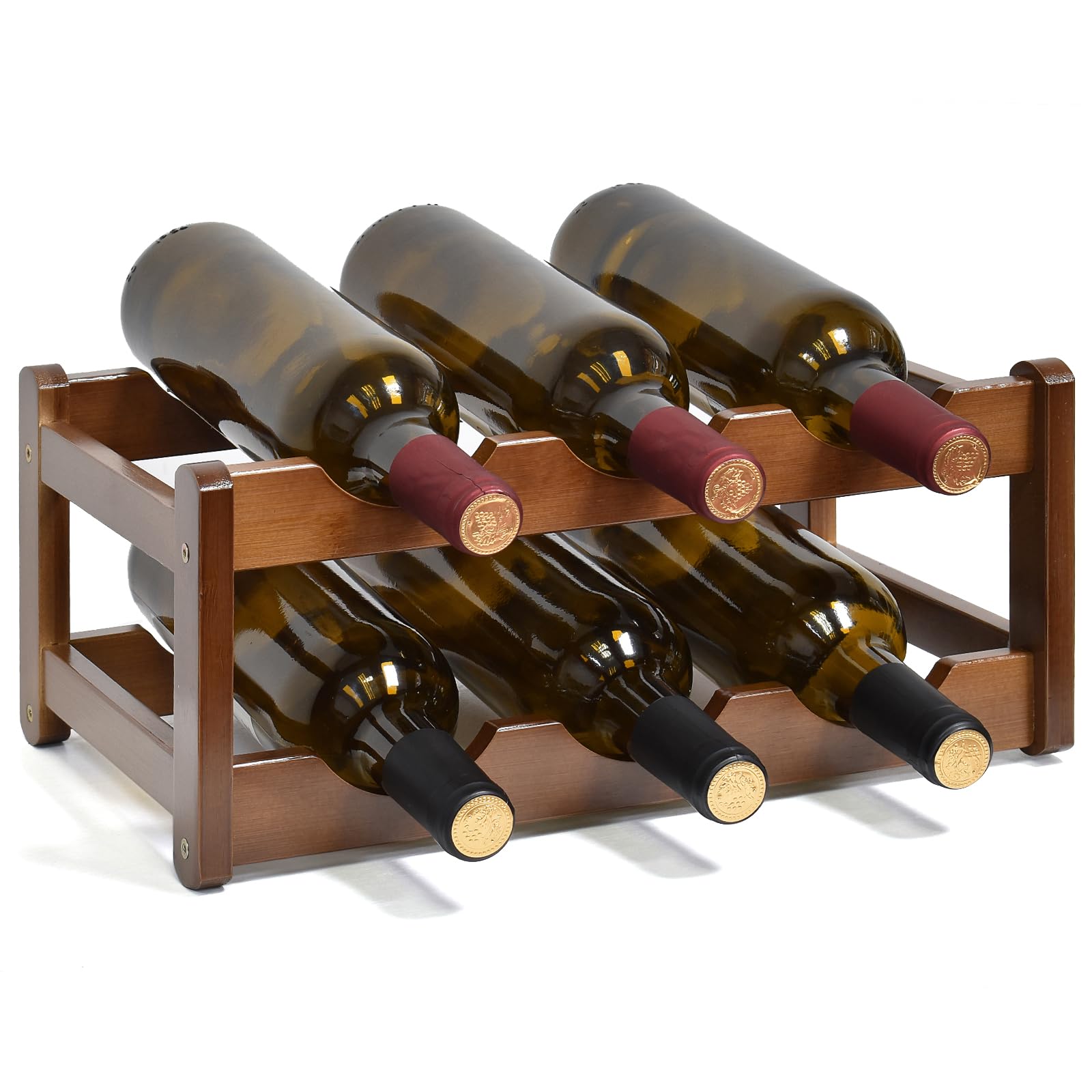 MYITYARD Wine Rack, 2-Tier 6 Bottles Bamboo Wine Cabinet for Countertop, Free Standing Wine Bottle Storage Holder for Home Kitchen Bar Table Top Cellar Basement Pantry, Brown