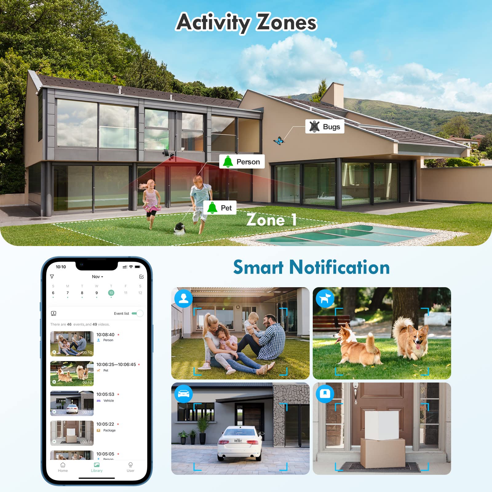 Viseefocu Solar Security Cameras Wireless Outdoor for Home Security, Two Spotlights and 1080P Color Night Vision Battery Powered Camera with 2.4GHz WiFi,PIR,Two-Way Talk,IP66 Waterproof(Black+White