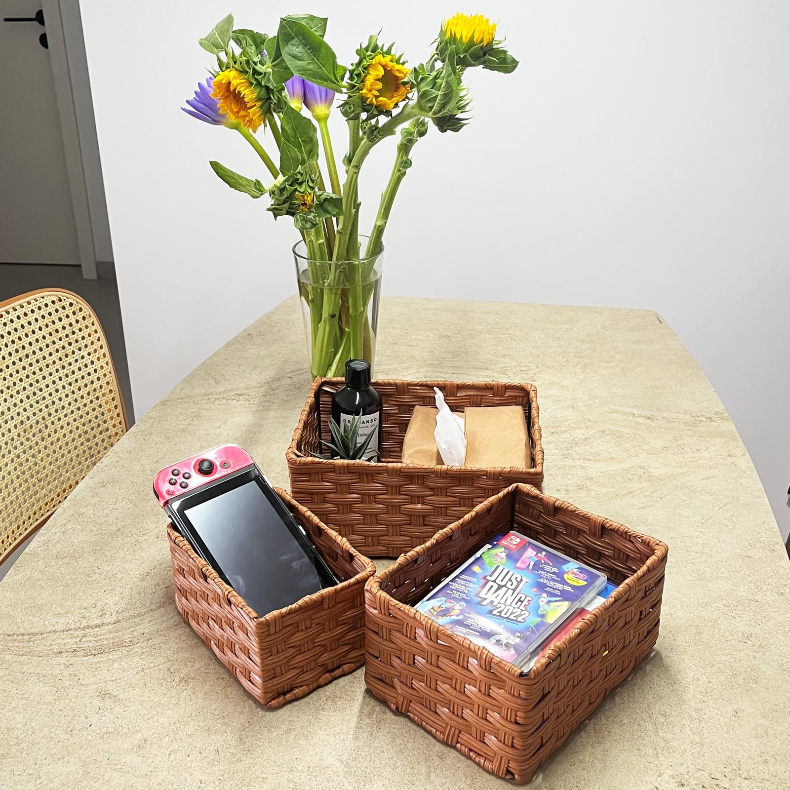 MaraFansie Wicker Storage Baskets Wicker Baskets for Shelves Recycled Plastic Storage Bin for Cupboards Drawer Closet Shelf, Waterproof Nesting Lined Caramel, Set of 3