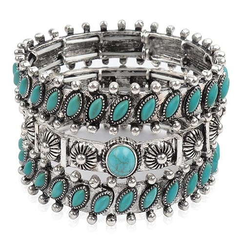 RIAH FASHION Bohemian Beaded Natural Stone Multi Strand Layer Stretch Bracelet - Western Concho Bangle Set (Western Concho Stone Bangle - Burnish Silver Turquoise)