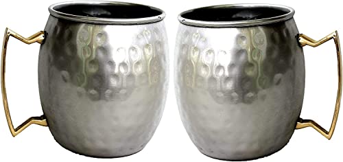 PARIJAT HANDICRAFT Set of 4 Stainless Steel Moscow Mule Mugs(Brass-Handle)