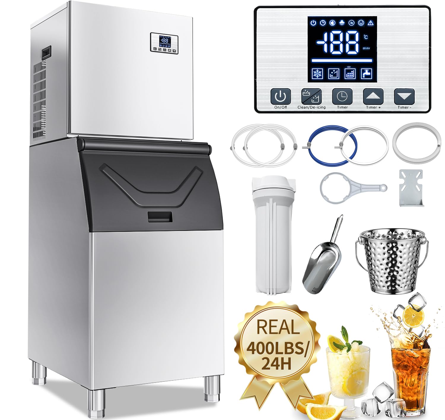 YITAHOME Commercial Ice Maker Machine 400LBS/24H with 250LBS Storage Bin, Upgraded Compressor, Self-Cleaning Stainless Steel Industrial Ice Mchine, Includes Ice Scoop, Ice Bucket and Filter